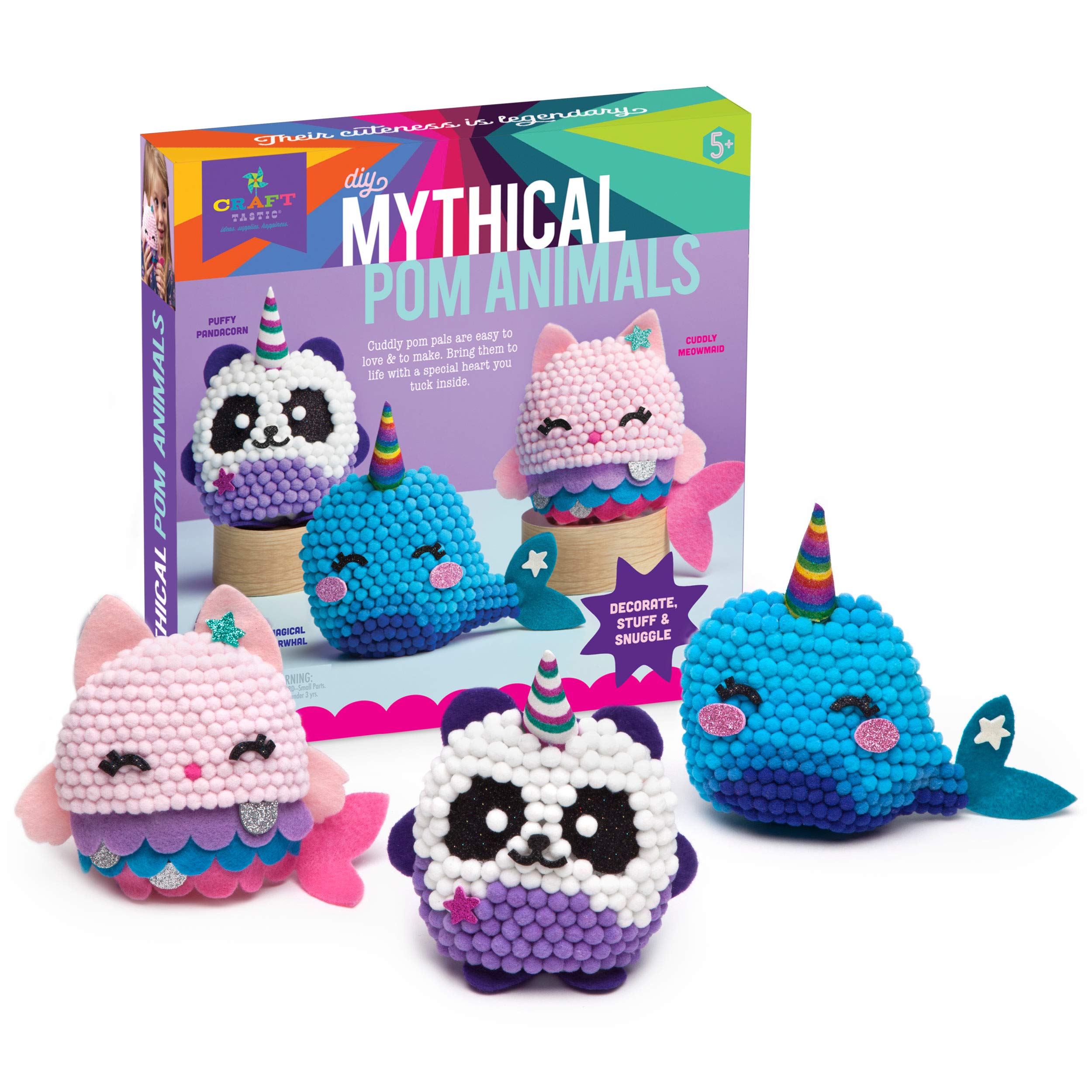 Craft-tastic – DIY Mythical Pom Animals – Craft Kit Makes 3 Pompom Stuffed Animals – Magical Narwhal, Puffy Pandacorn & Cuddly Meowmaid Brown/a