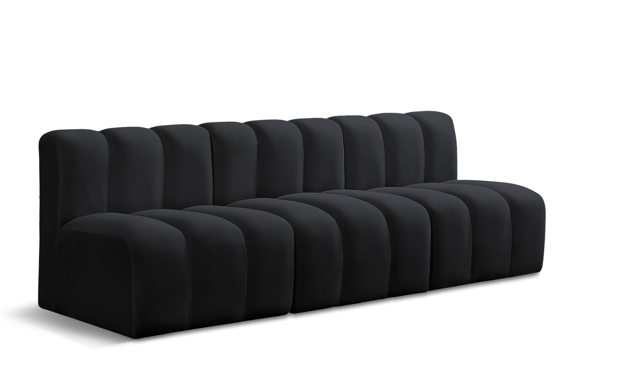 Meridian Furniture 103Black-S3F Arc Collection Modern | Contemporary Modular Sofa with Soft Black Velvet, Deep Channel Tufting, Modular Design, 89.5" W x 31" D x 30" H, Black