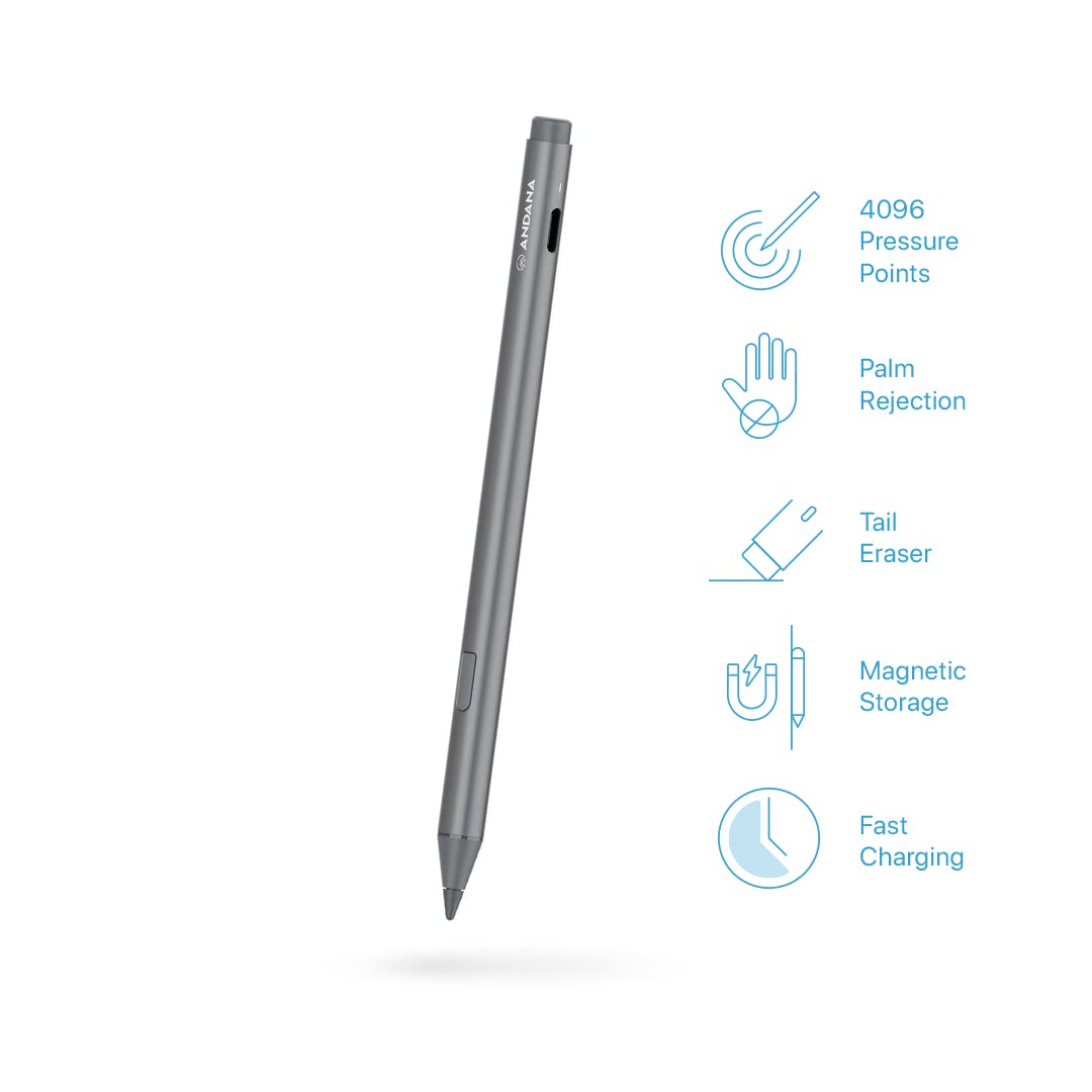 Andana MPP Stylus EC Pen 2.0 Tilt Pen Digital Stylus, 4096 Pressure Sensitivity, USB-C Rechargeable, Palm Rejection, Surface Pen Compatible with Microsoft, Some Asus, Acer, Dell, HP, Vaio Stylus Pen
