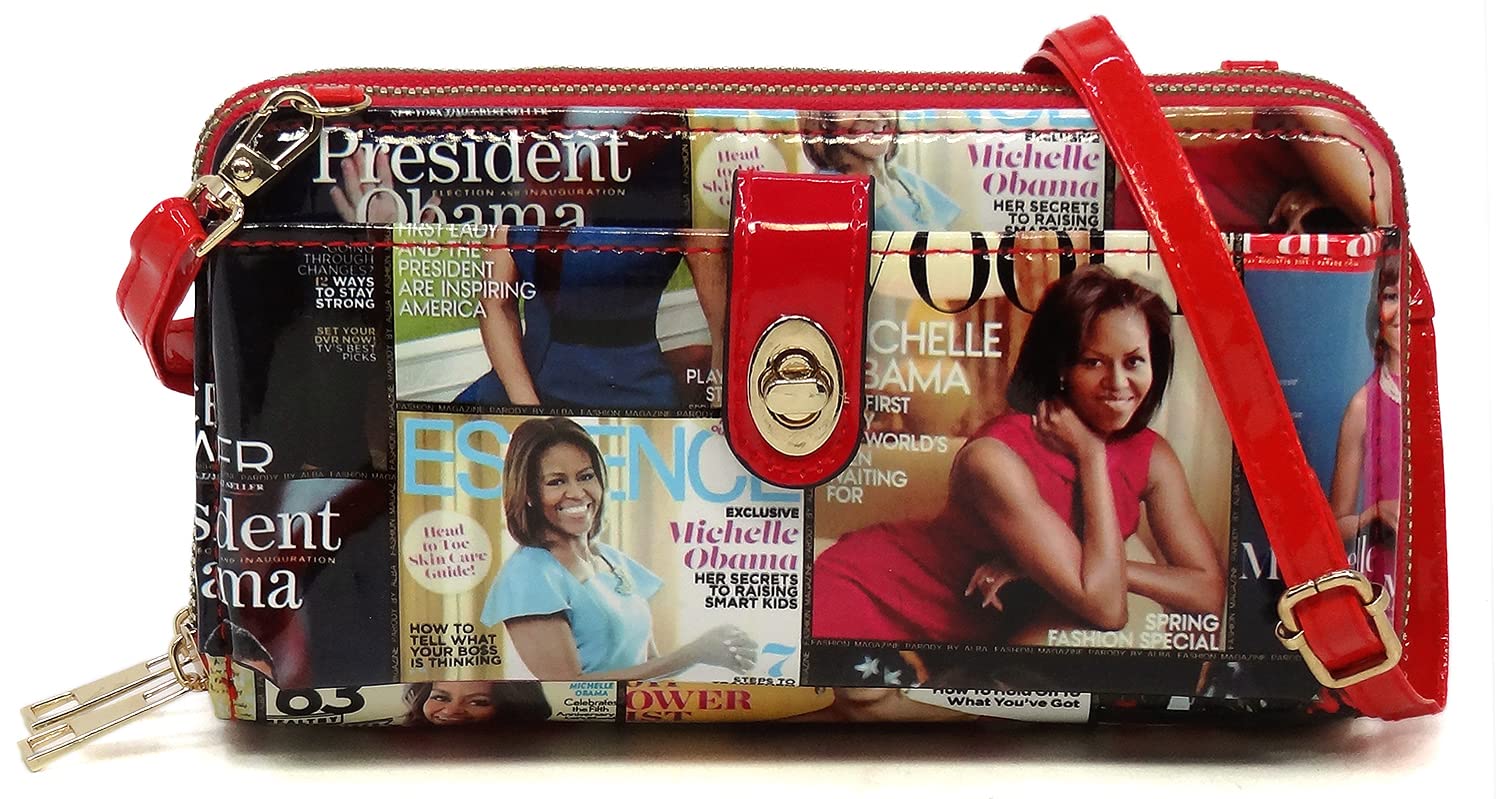 Michelle Obama Magazine Cover Collage Cell Phone Purse Wallet Smartphone Crossbody Wallet Travel Multifunction Phone Case Obama Wallet (A-Multi/Red)