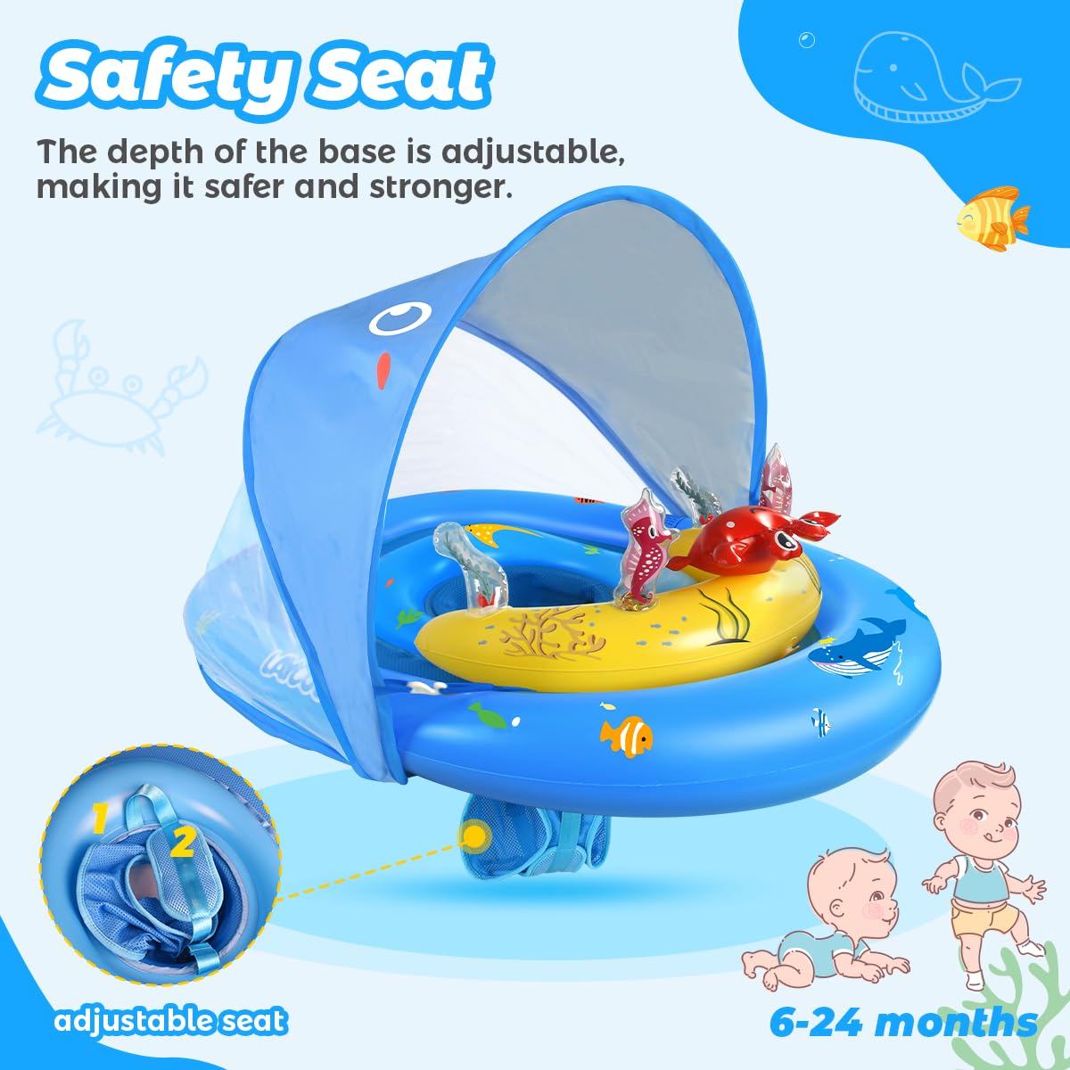 LAYCOL Baby Pool Float with UPF50+ Sun Protection Canopy and Toy Play Console for Infant, Toddler, Adjustable Safety Seat for 3-36 Months