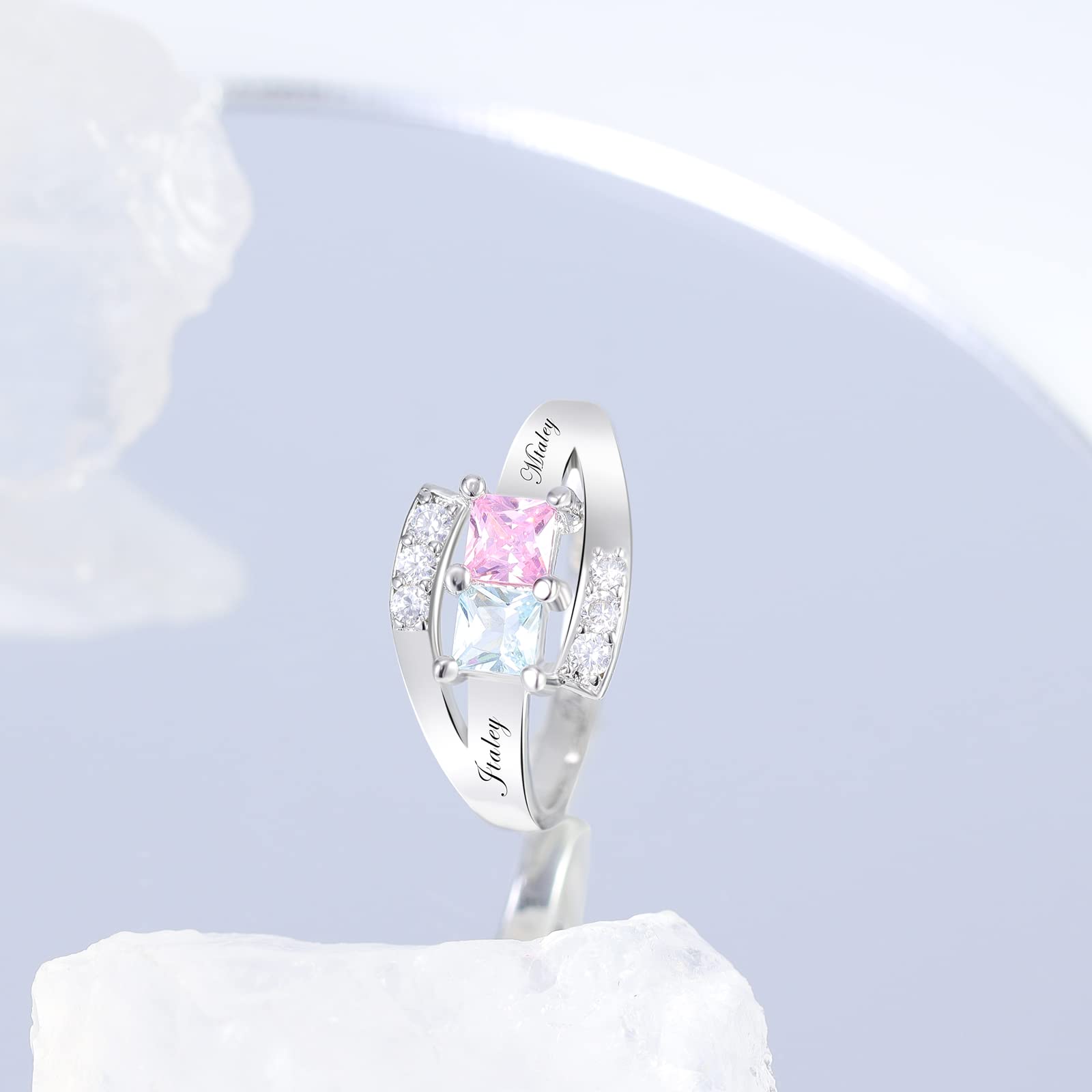 AREH Personalized Mothers Ring with 2 Princess-Cut Birthstones Custom Engraved Names Engagement Rings for Women