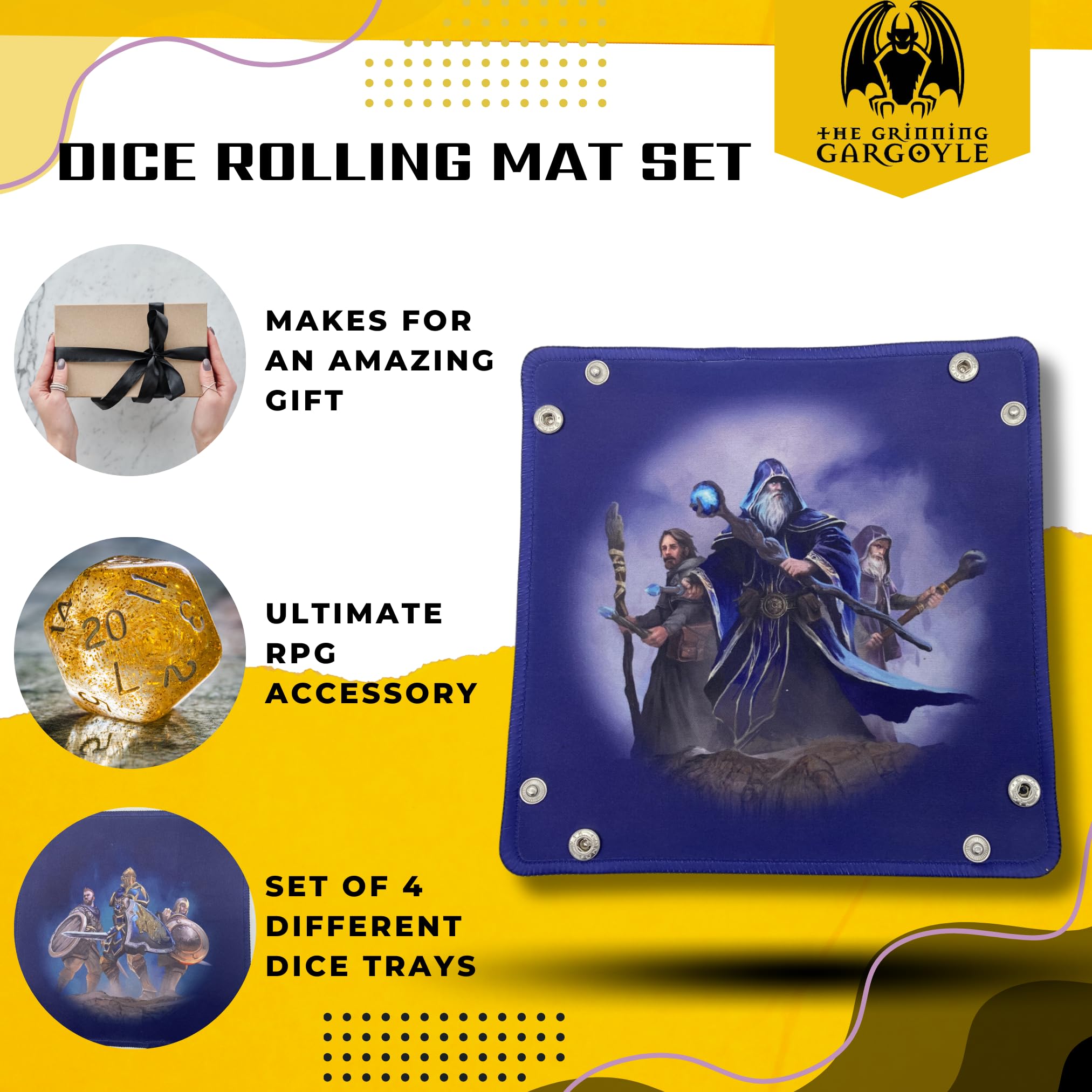Grinning Gargoyle - 4X Fantasy RPG Character Dice Tray Set - Collapsible Dice Rolling Tray - Dice Trays for Polyhedral Die - DND Roleplaying Game Pads- Wizard Fighter Cleric Rogue - Portable Pad Gift