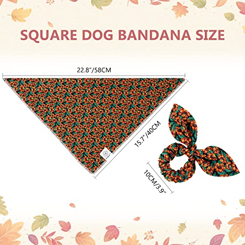 E-Clover Fall Dog Bandana & Matching Scrunchie Set Floral Dog Scarf Bibs with Bow Hair Tie for Small Dogs Puppy Owner Orange Green Gift