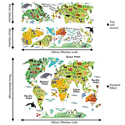 HomeEvolution Large Kids Educational Animal Landmarks World Map Peel & Stick Wall Decals Stickers Home Decor Art for Nursery