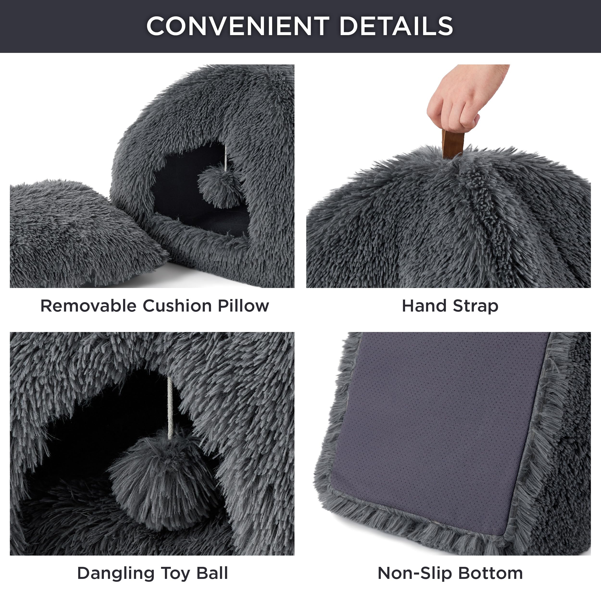 Bedsure Cat Beds for Indoor Cats - 2 in 1 Cat Cave for Kittens and Small Pets, Cat House Tent with Removable Washable Cushioned Pillow, Cat Hideaway with Non-Slip Bottom, Plush Grey, 16 inches