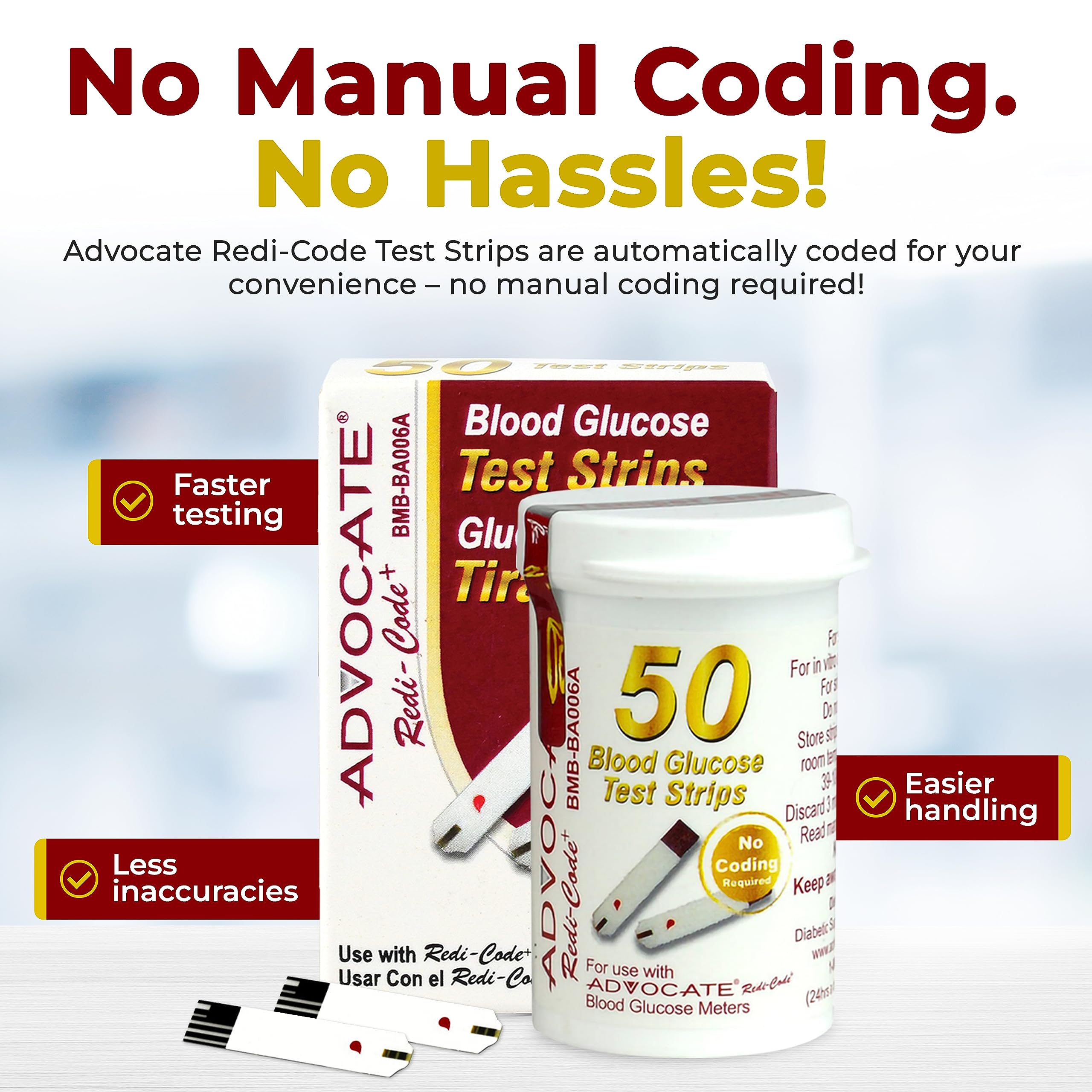 Redi-Code Glucose Test Strips 100 Count, No Manual Coding, Blood Sugar Testing, Small Sample Size, Quick & Accurate Diabetic Management (2 Boxes of 50 Strips)
