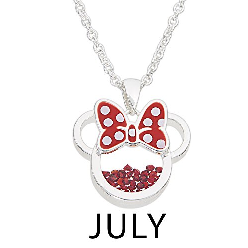 Disney Jewelry for Women and Girls Minnie Mouse July Birthstone Ruby Red Cubic Zirconia Shaker Pendant Necklace, Silver Plated, 18+2" Extender