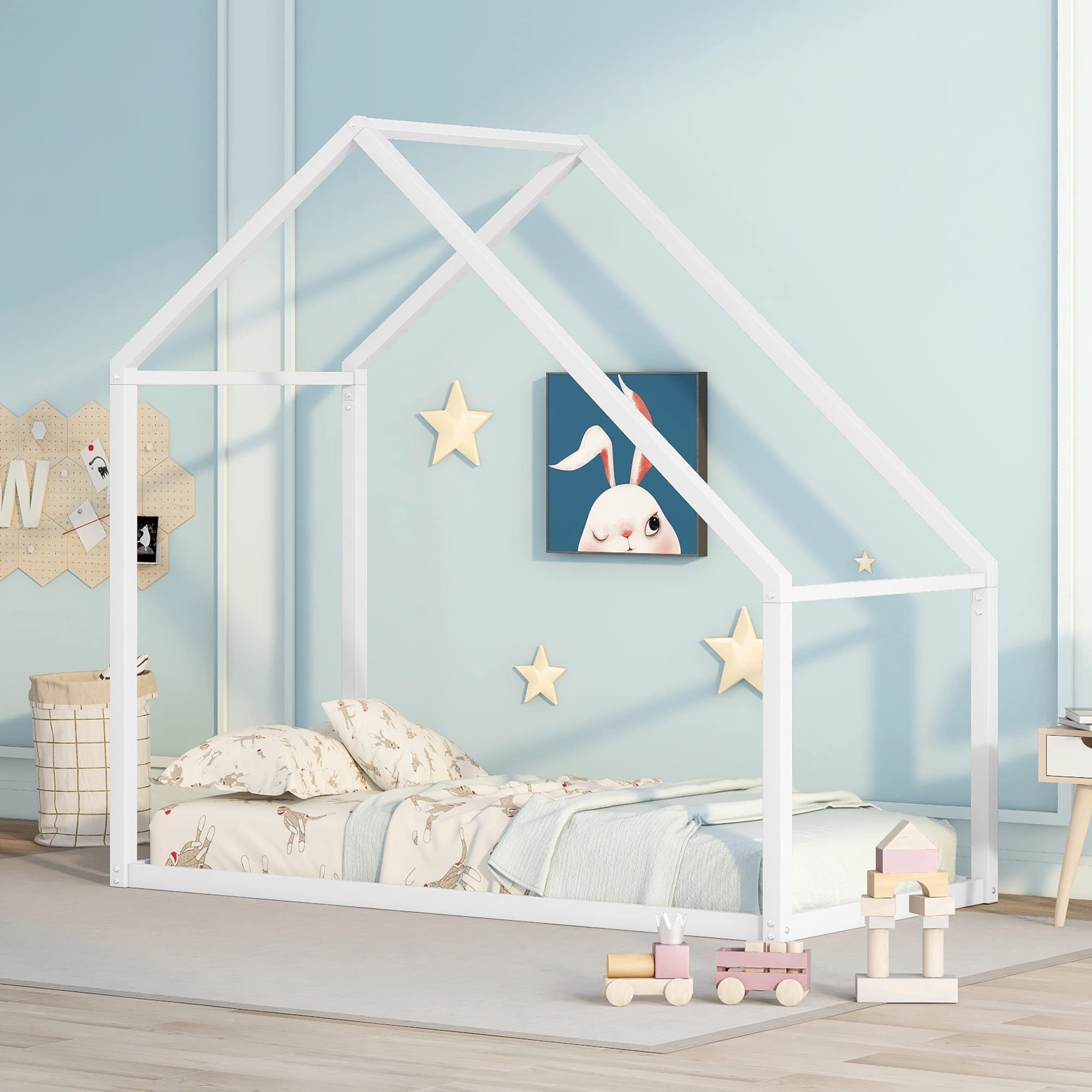 Merax Princess Metal Montessori Day Bed Twin House Floor Beds Frame for Boys Girls, Box Spring Needed,Easy Assemble (Twin,White)