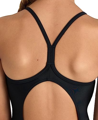 Arena Feel Girls' Junior Light Drop Back Solid Swimsuit MaxFit Comfortable One Piece Suit Pool or Beach, US Size 10-12 Jr/28, Black/Black