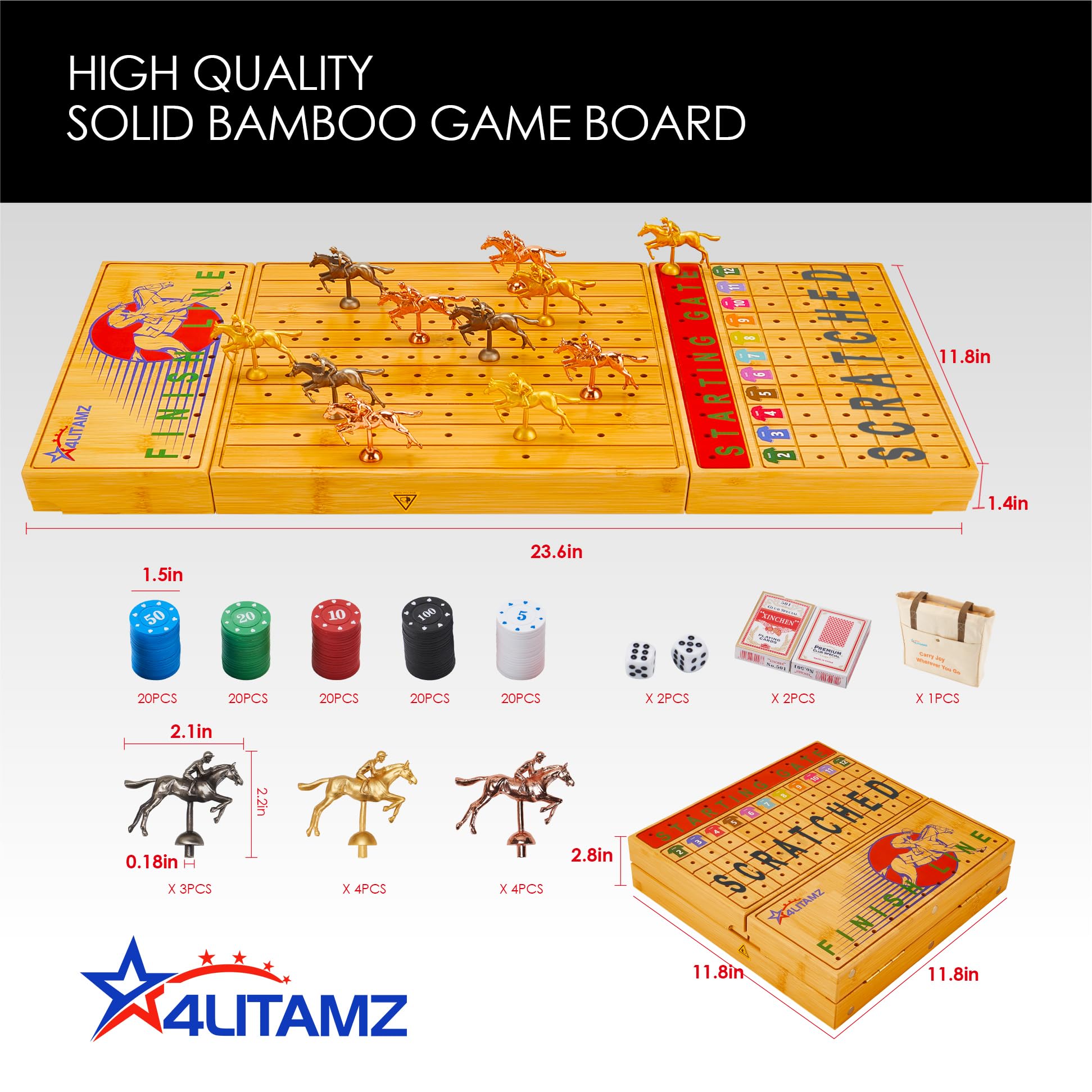 Bamboo Portable Horse Race Board Game, Bamboo Horse Race Board Game with 11 Metal Horses (Bamboo)