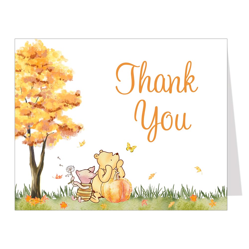 Winnie the Pooh Baby Shower Thank You Cards Pooh Bear Cute Cartoon Storybook Autumn Fall Leaves Pumpkin Piglet Nostalgic Unisex Gender Neutral Printed Cards (24 Count)