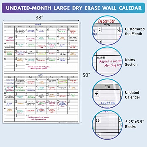 Dry Erase Two Month Laminated jumbo Wall Calendar, 38" x 50", Huge bimonthly Vertical Laminated Erasable White Board, Giant 60 day Family Whiteboard Schedule Planner, Large Multi Month Reusable Poster