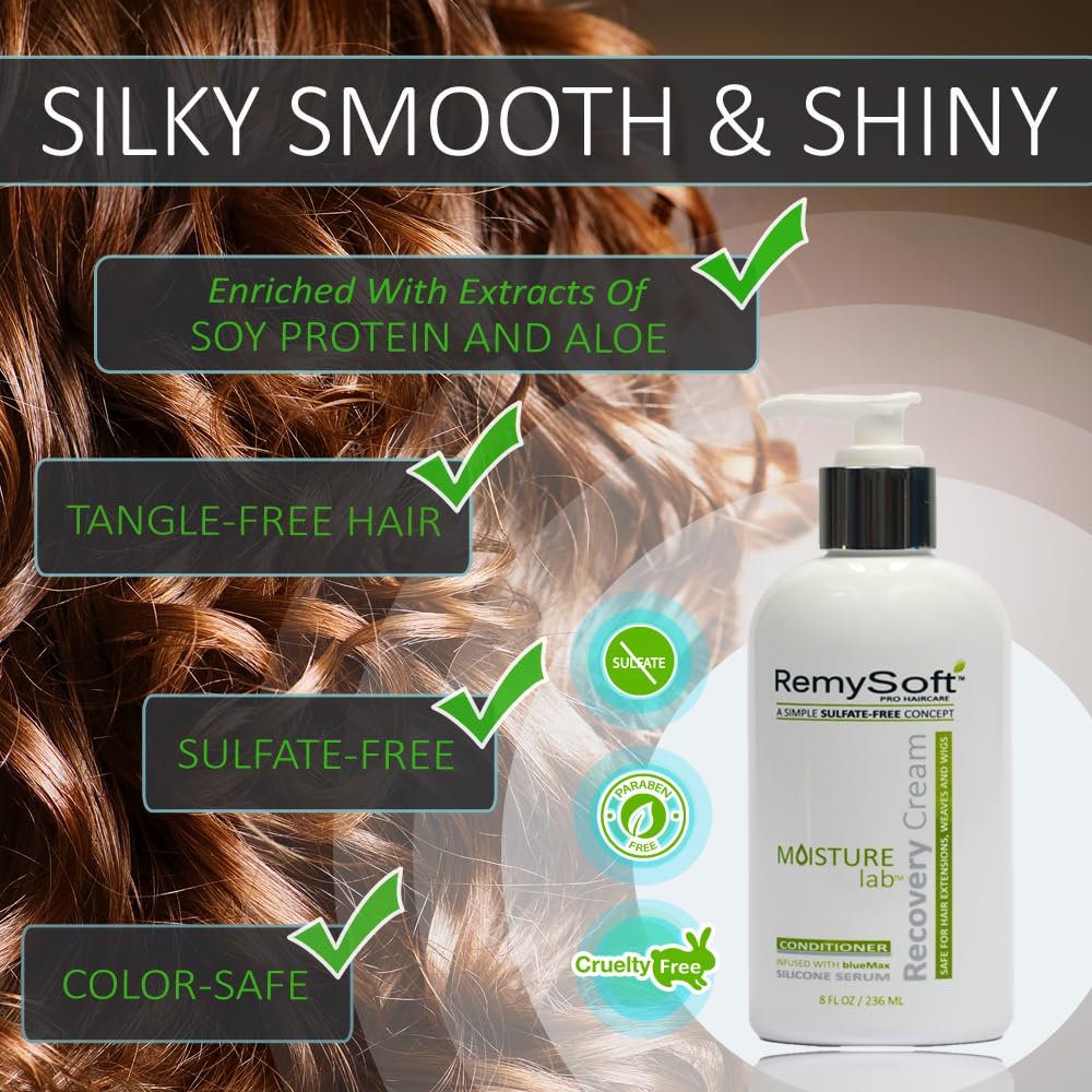 RemySoft Moisturelab Hydrating Cleanser & Recovery Cream Duo - Safe for Hair Extensions, Weaves and Wigs - Salon Formula Shampoo and Conditioner Combo - Gentle Sulfate-free Lather
