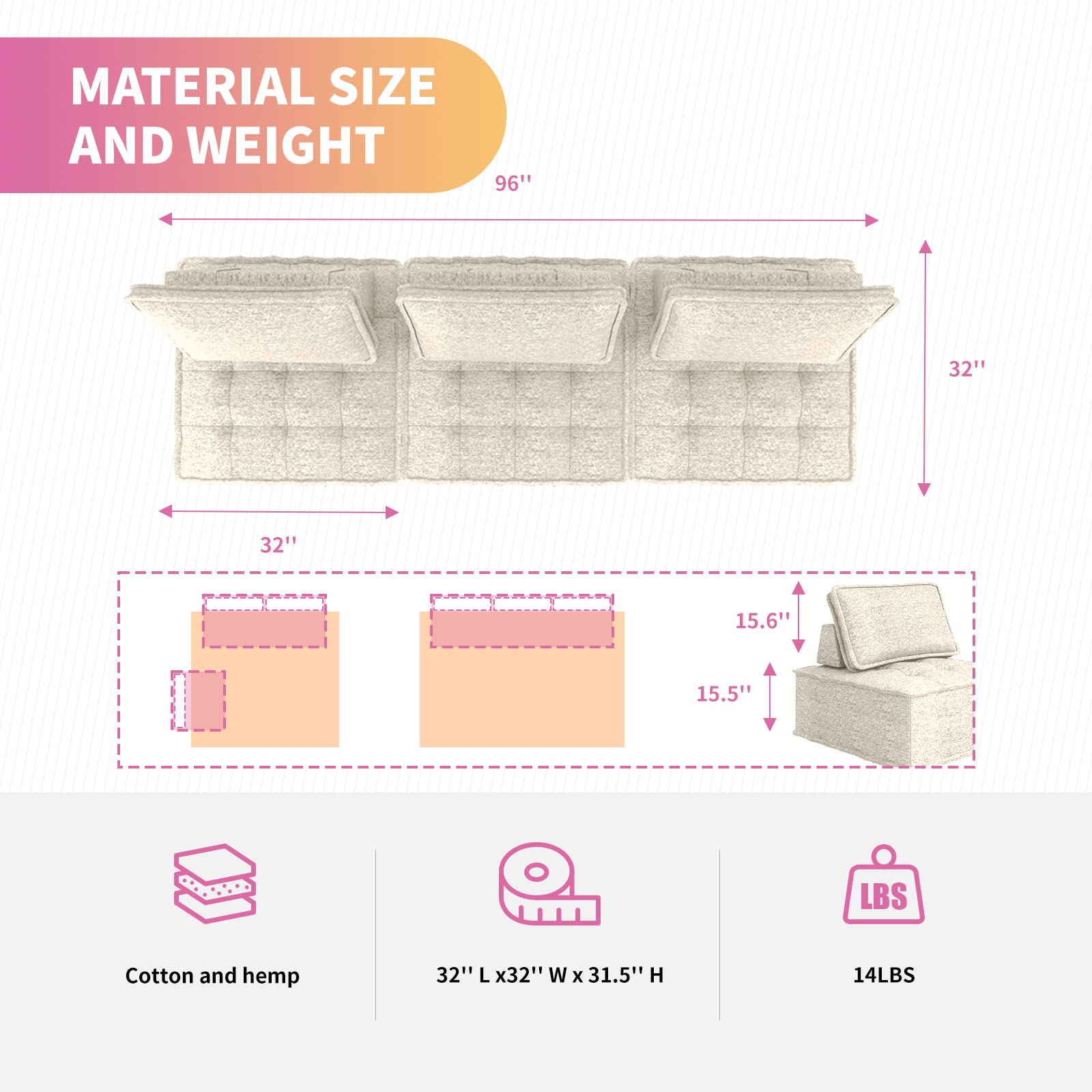 Mixoy Modular Sectional Sofa, Variable 3 Seater Sofa Couch with Oversized Soft Seat, Free Combination Armless Sectional Sofa Couch for Living Room, Bedroom (Beige, 3PCS)