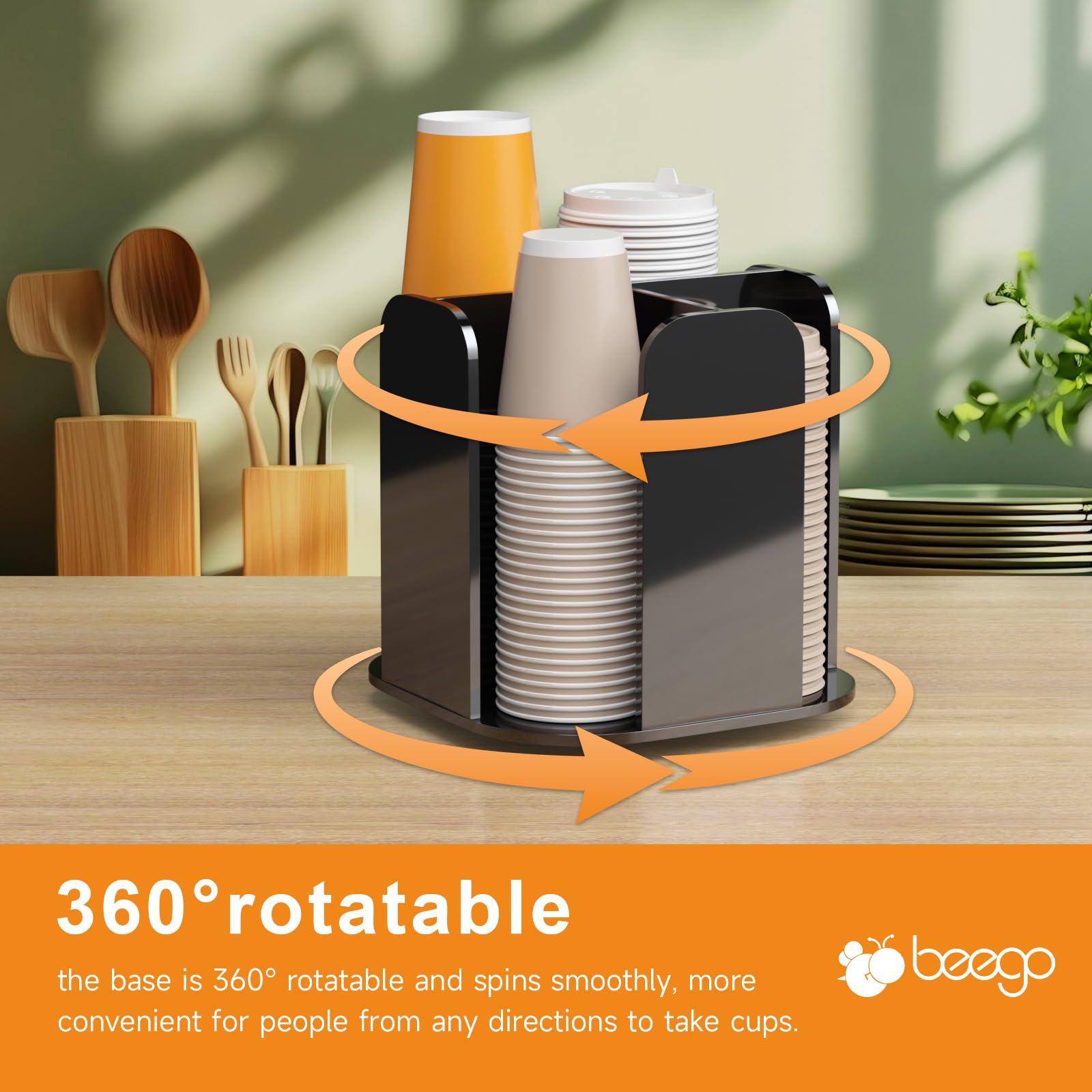 Beego Coffee Cup Holder Organizer - Rotatable 4 Compartments Clear Acrylic Cup Dispenser Coffee Station Cup and Lid Carousel Countertop Plastic Cup Holder Restaurant Breakroom Coffee Bar Accessories