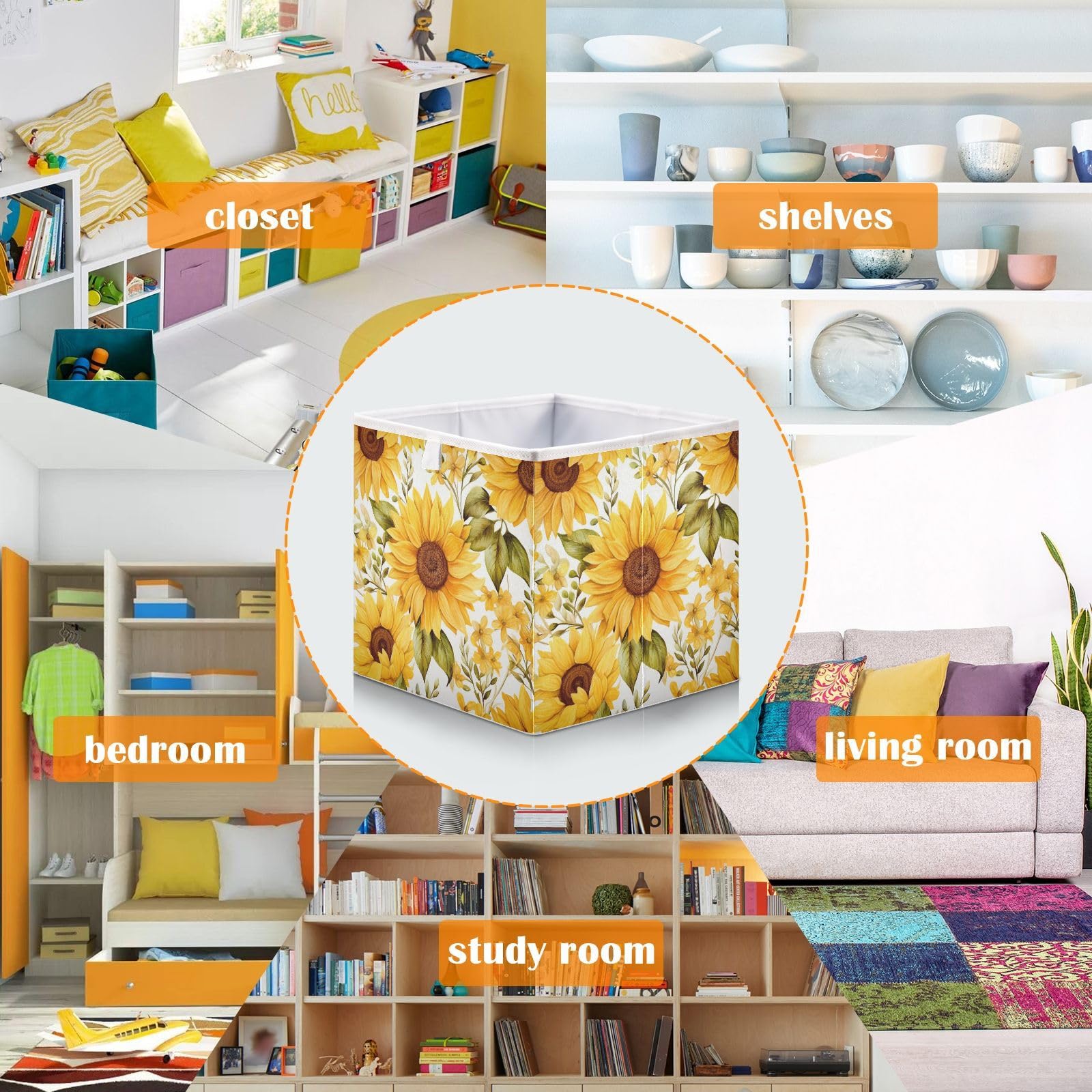 Bulletgxll Yellow Sunflower Cube Storage Bins 11x11x11 inch Collapsible Fabric Storage Baskets , Large Toy Clothes Organizer Box for Bedroom, Living Room, Study Room