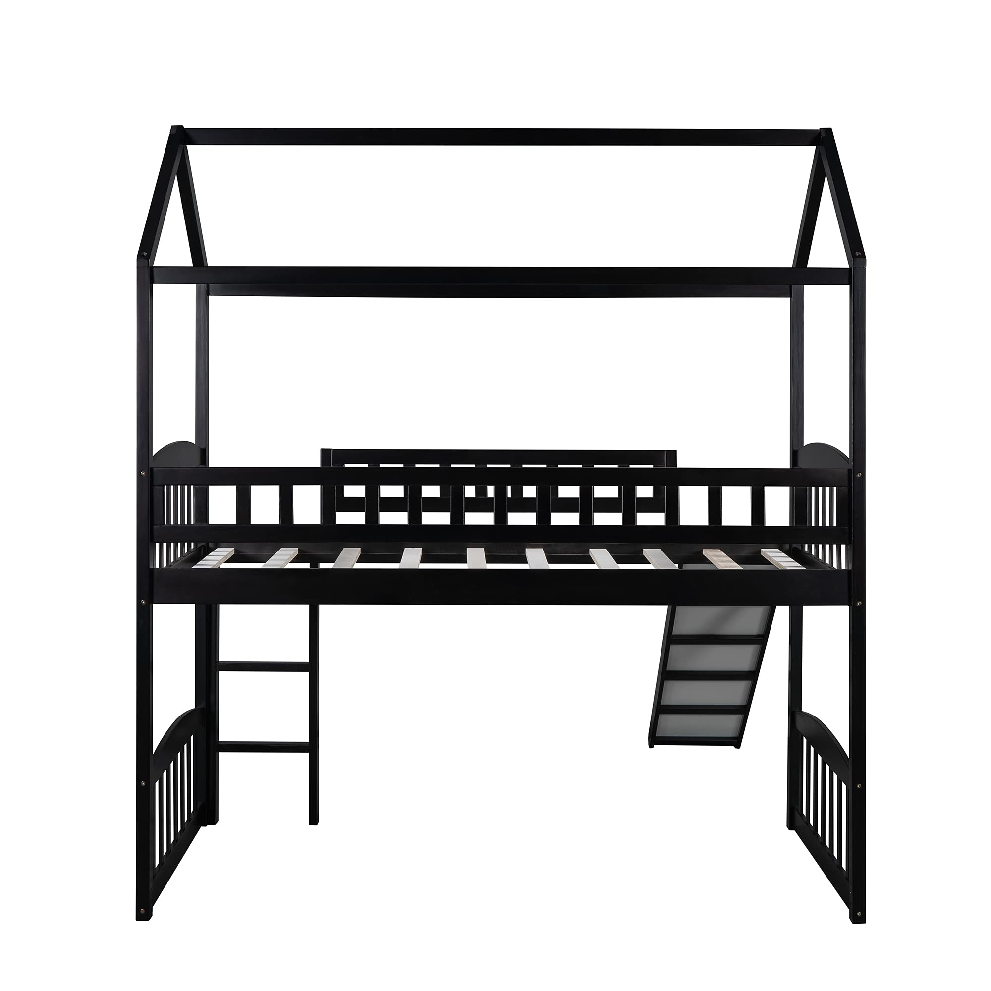 Harper & Bright Designs Twin Loft Bed with Slide, Solid Wood House Loft Bed with Ladder, Playhouse Bed for Kids Girls Boys (Espresso)