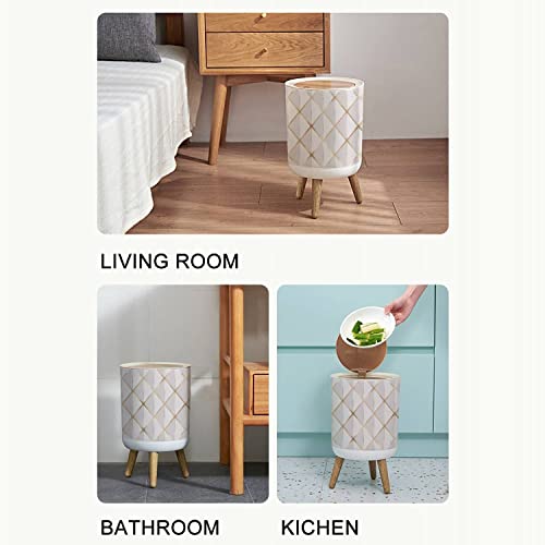 IBPNKFAZ89 Small Trash Can with Lid Geometric Gold Glitter 3D Rhombus Tile Seamless Garbage Bin Wood Waste Bin Press Cover Round Wastebasket for Bathroom Bedroom Diaper Office Kitchen