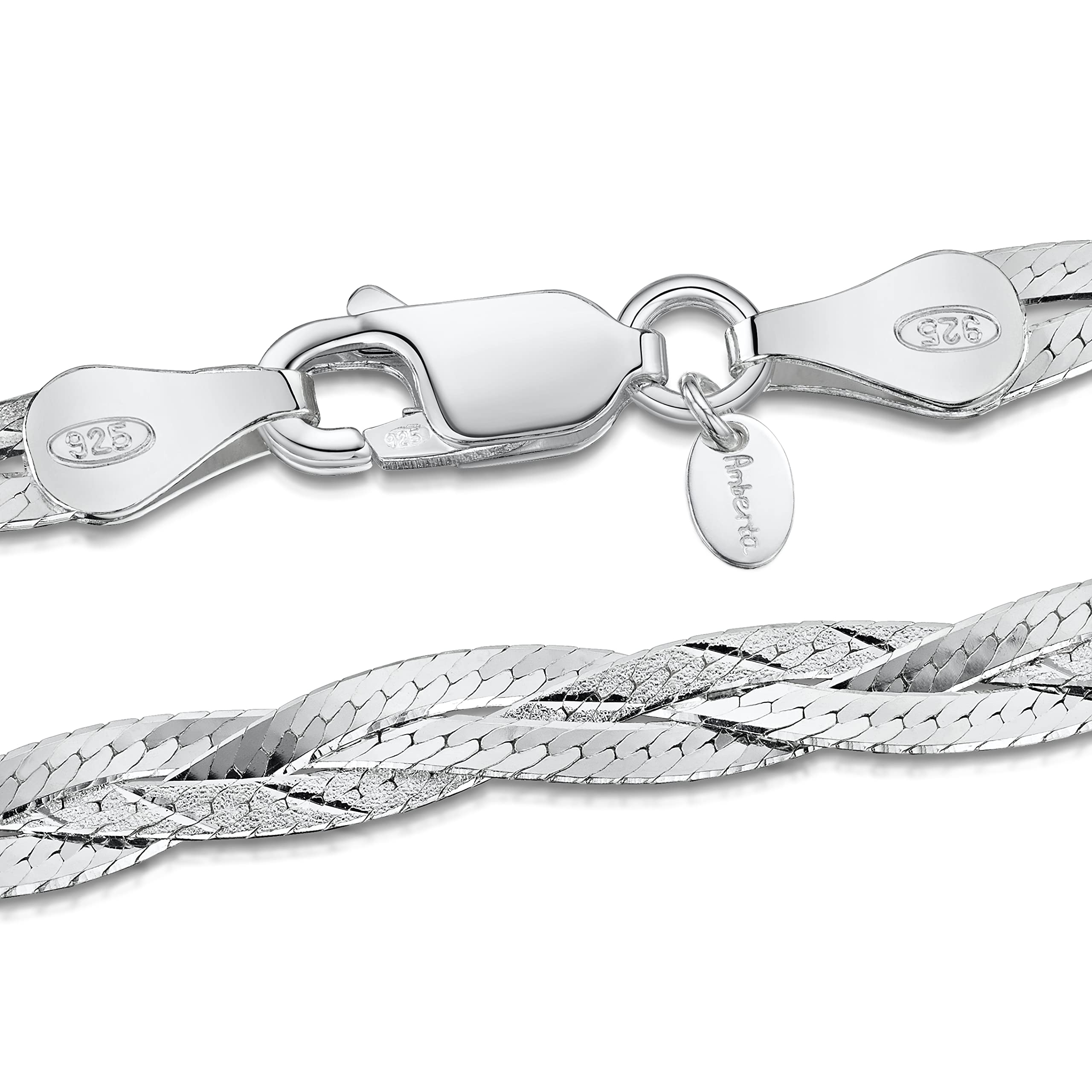 Amberta Women's 925 Sterling Silver Braided Herringbone Chain Necklace (Length 18 inch): Silver