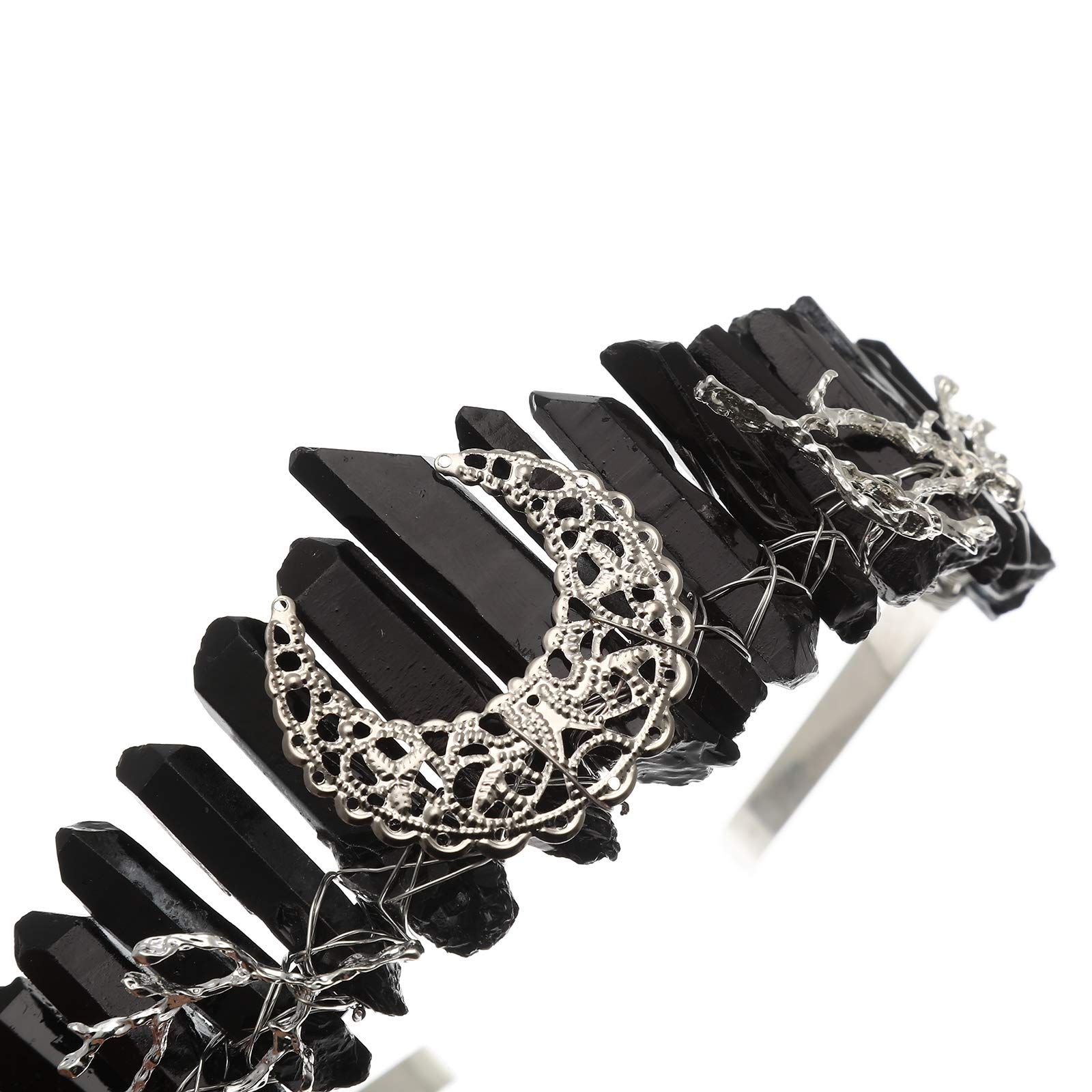 HAIMEIKANG Raw Crystal Quartz Crown Headband Handmade Tiara Natural Stone Headband for Woman Wedding and Parties (Black)
