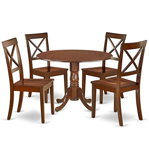 East West Furniture DLBO5-MAH-W 5-Piece Dining Table Set - 4 Dining Room Chairs with Wooden Seat - A Lovely Kitchen Table with Two 9-inch Drop leaves (Mahogany Finish)