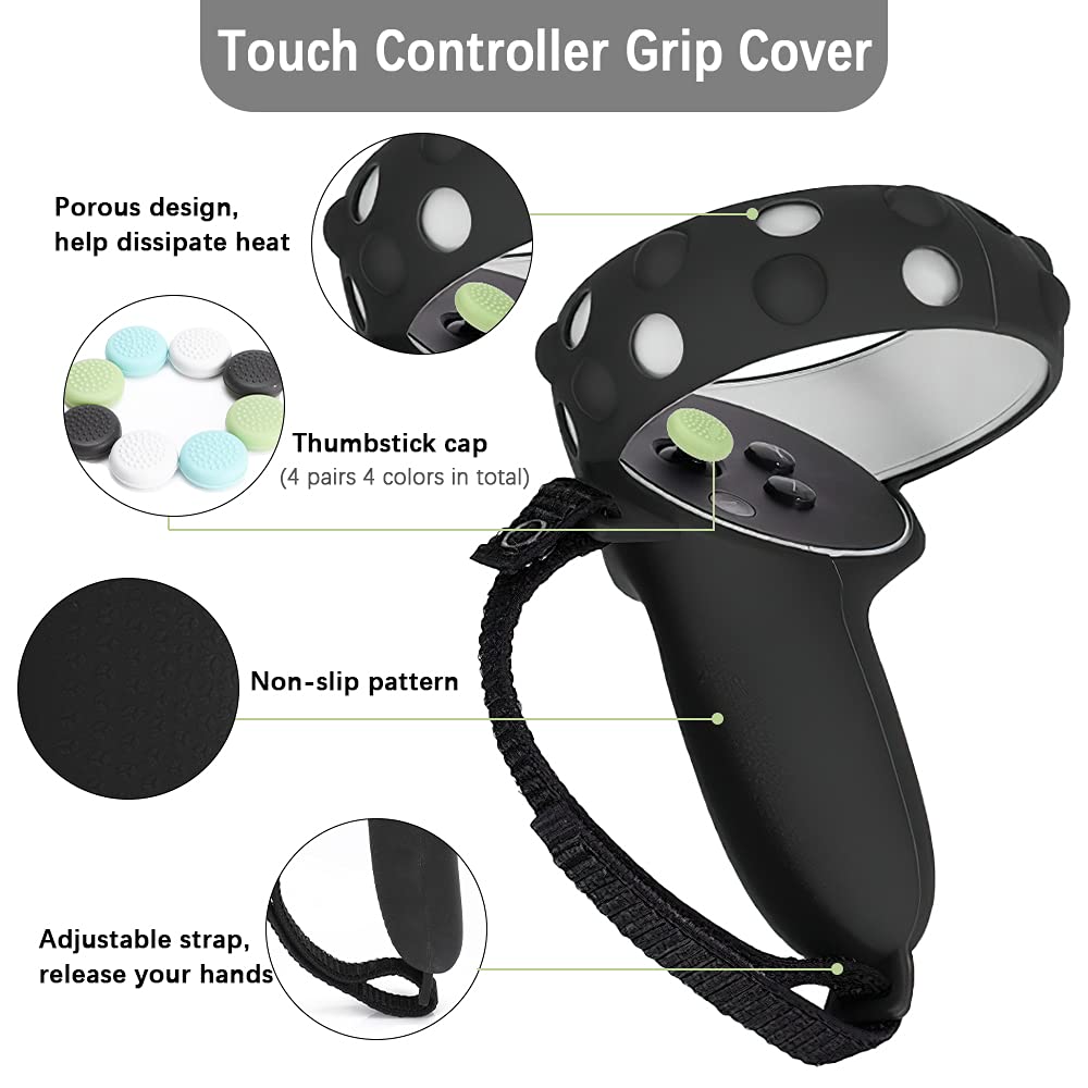 BestMal Touch Controller Grip Cover for Oculus Quest 2 with VR Silicone Face Cover, VR Shell Cover, Quest 2 Lens Cover, Thumb Button Cap, VR Disposable Mask and Cleaning Cloth (Black)