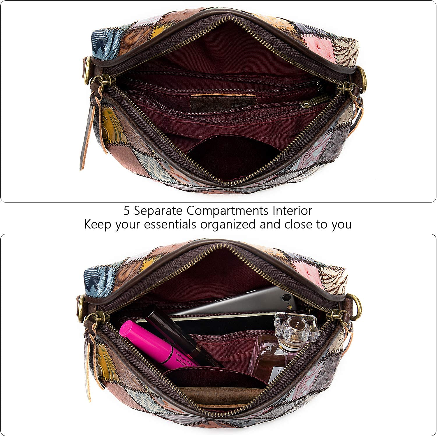 Womens Multicolor Small Crossbody Purse Genuine Leather Block Patchwork Shoulder Bag Boho