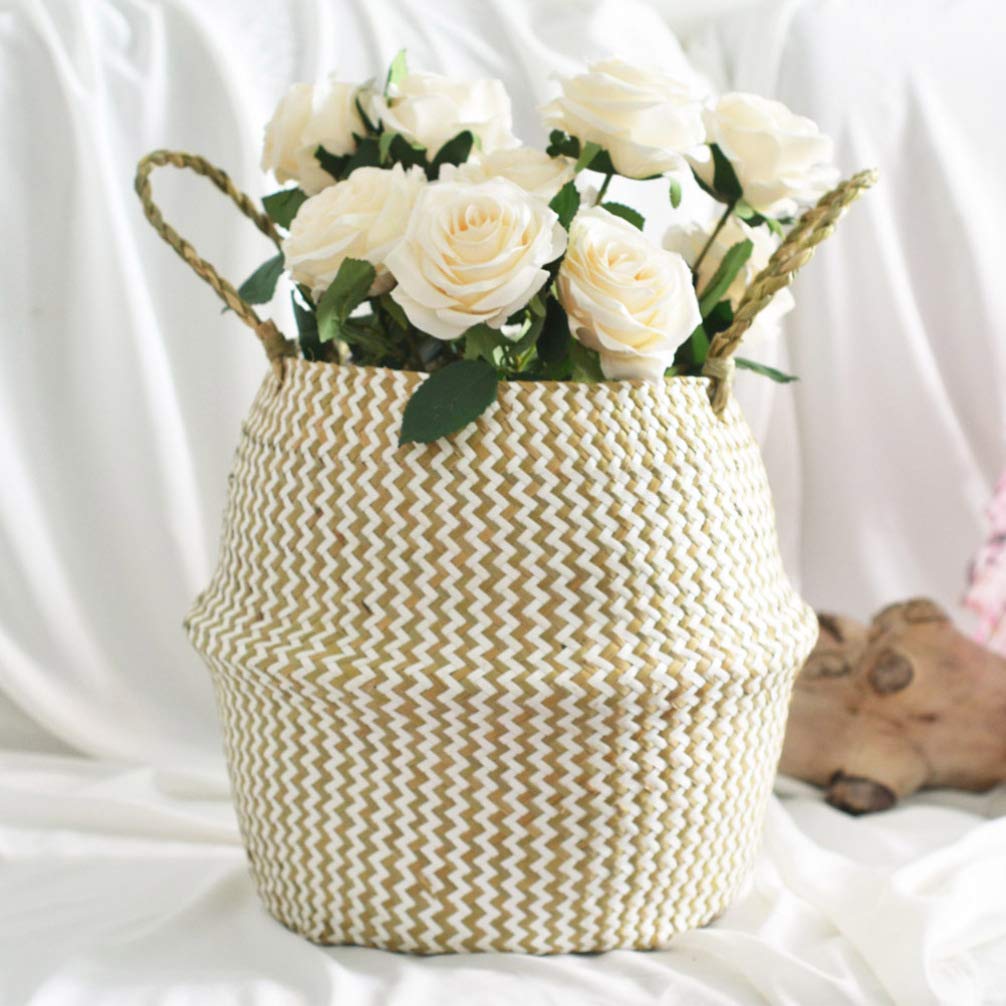 NUOBESTY Natural Round Seagrass Belly Basket with Handles for Storage Nursery Laundry Picnic Plant Pot Cover and Grocery and Toy Storage