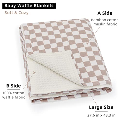 LifeTree Waffle Baby Blankets Neutral, Muslin Checkered Swaddle Blankets for Boys Girls, 2 Layers Crib Stroller Blanket Receiving Blankets with Muslin Front and Waffle Backing Infant Newborn