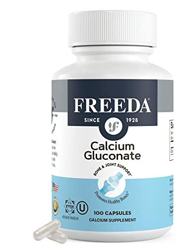 Freeda Calcium Gluconate - Kosher Vegan Calcium Supplement for Women & Men - Easy to Digest - Bone Health Supplement & Joint Support - Pure Calcium Supplement Without Vitamin D (100 Capsules)