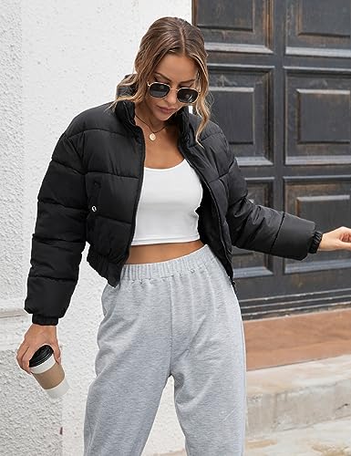 Gihuo Womens Cropped Quilted Puffer Jacket Lightweight Padded Coat Warm Puffy Coat Zip UP Bubble Coats with Pockets(Black-S)