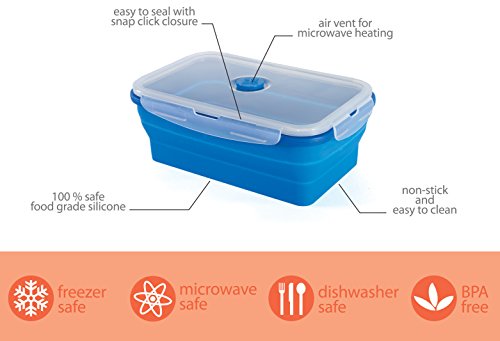 Kitchen + Home Thin Bins Collapsible Containers โ Set of 4 Rectangle Silicone Food Storage Containers โ BPA Free, Microwave, Dishwasher and Freezer Safe