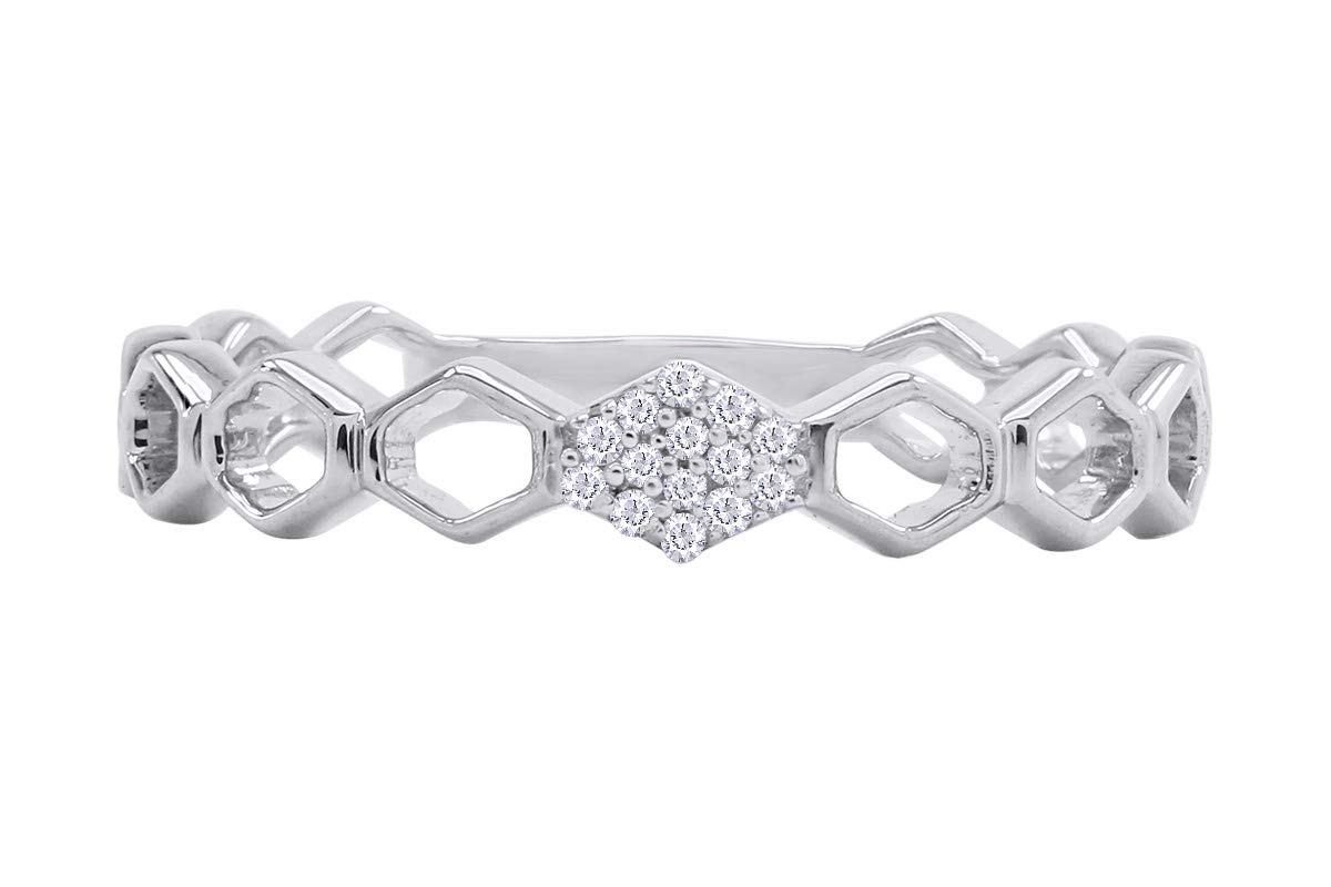 Aria Jewels Pave Diamond Hexagon Deco Minimalist Band Ring in 14K White Gold Over Sterling Silver for Women Ring Size - 8