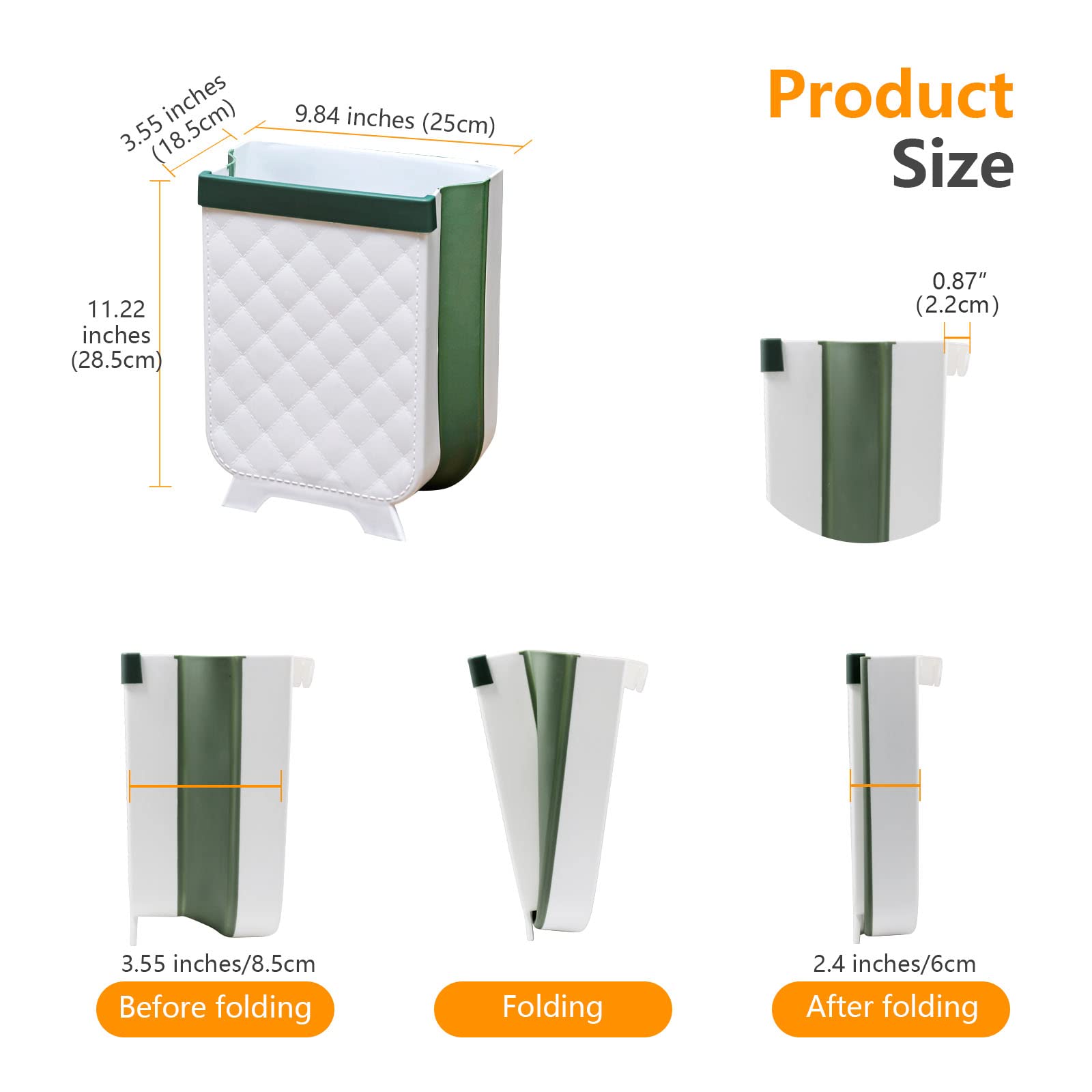 HUAPPNIO Hanging Trash Can for Kitchen Cabinet Door Wall Mounted Foldable Plastic Garbage Bin 2.6 Gallon Green