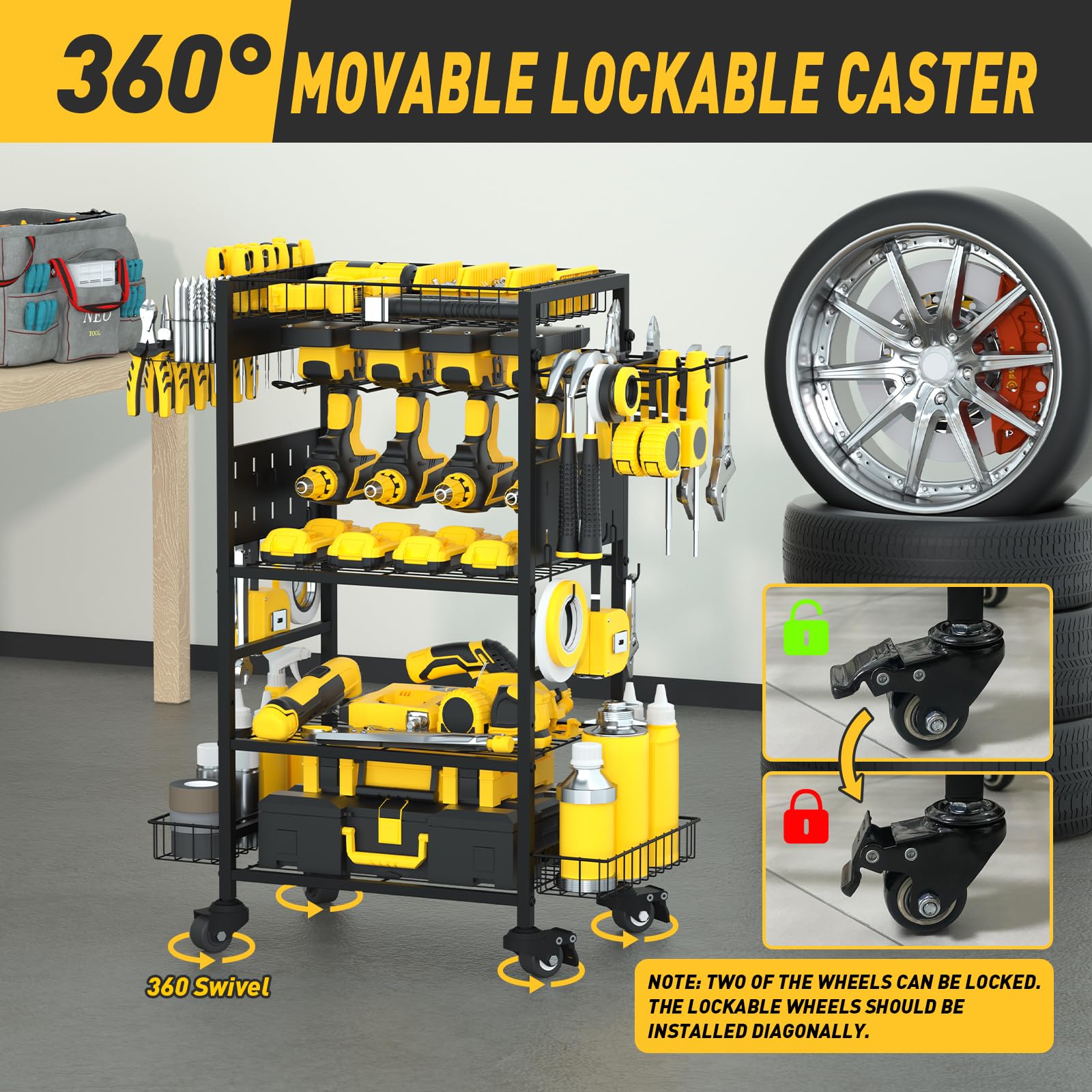 Mefirt Power Tool Organizer Cart, Heavy Duty 5 Tier Rolling Tool Cart on Wheels, Garage Floor Standing Rolling Storage Cart with Drill Set Rack, Mechanic Utility Cart for Workbench & Outdoors Working
