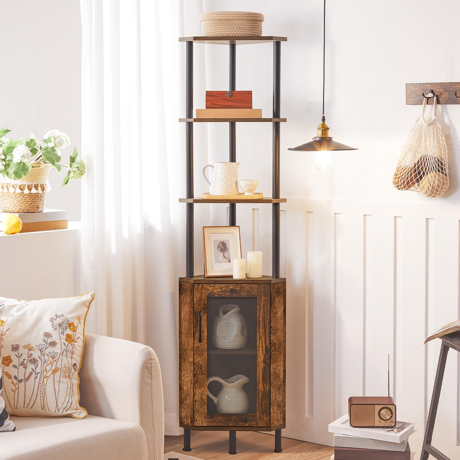 HOOBRO Corner Shelf with Storage, 64.8" Tall Industrial Corner Cabinet, 5-Tier Corner Bookshelf with Doors, Corner Display Cabinet Plant Stand, Display Shelves Rack for Home, Rustic Brown BF164CJ01