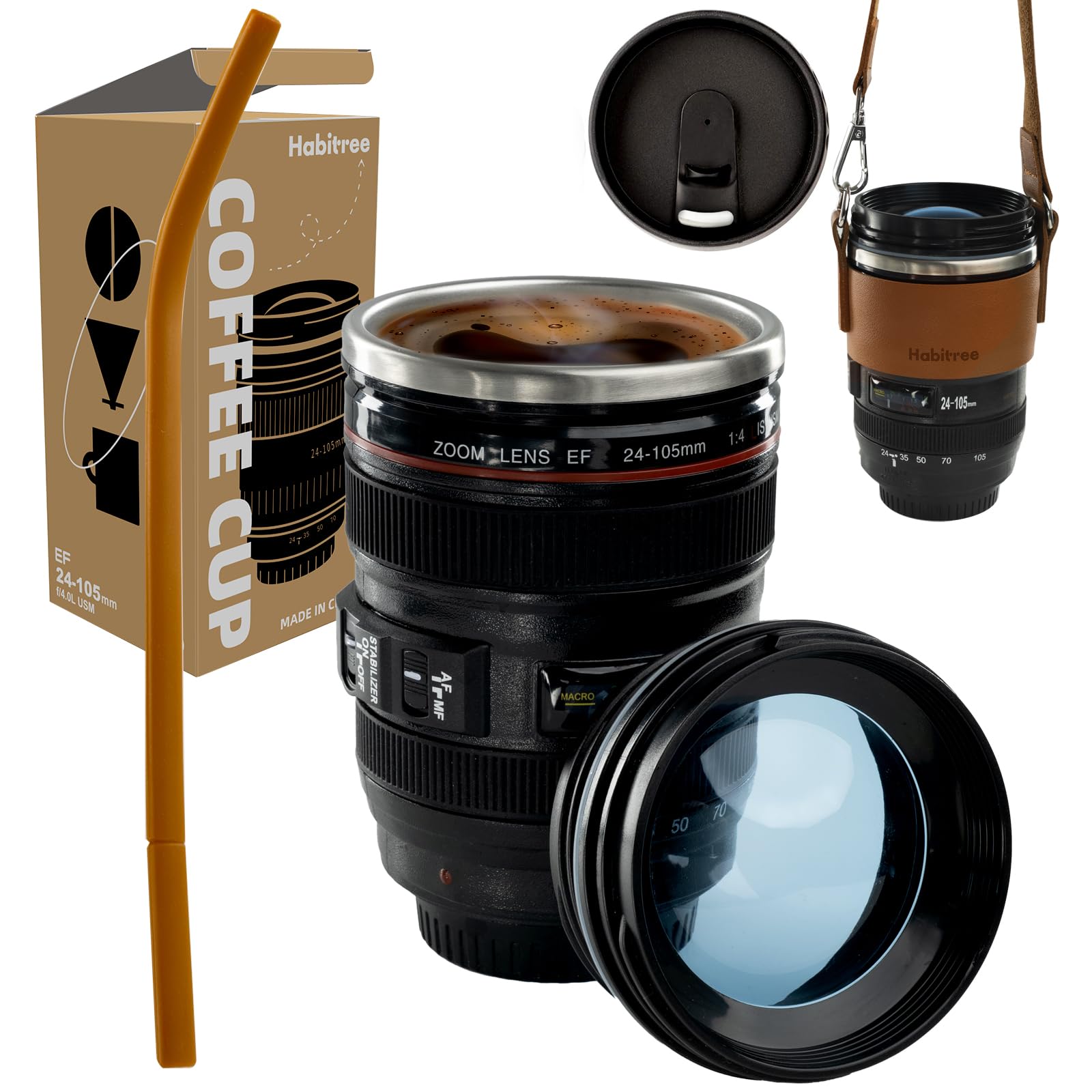 Habitree Coffee Mug- Ideal for Photographers&Travelers - 2 Lids,Cup Holder,Silicone Straw- Stainless Steel Lens Mug Thermos- Christmas gifts- Gifts for him,Portable Cup