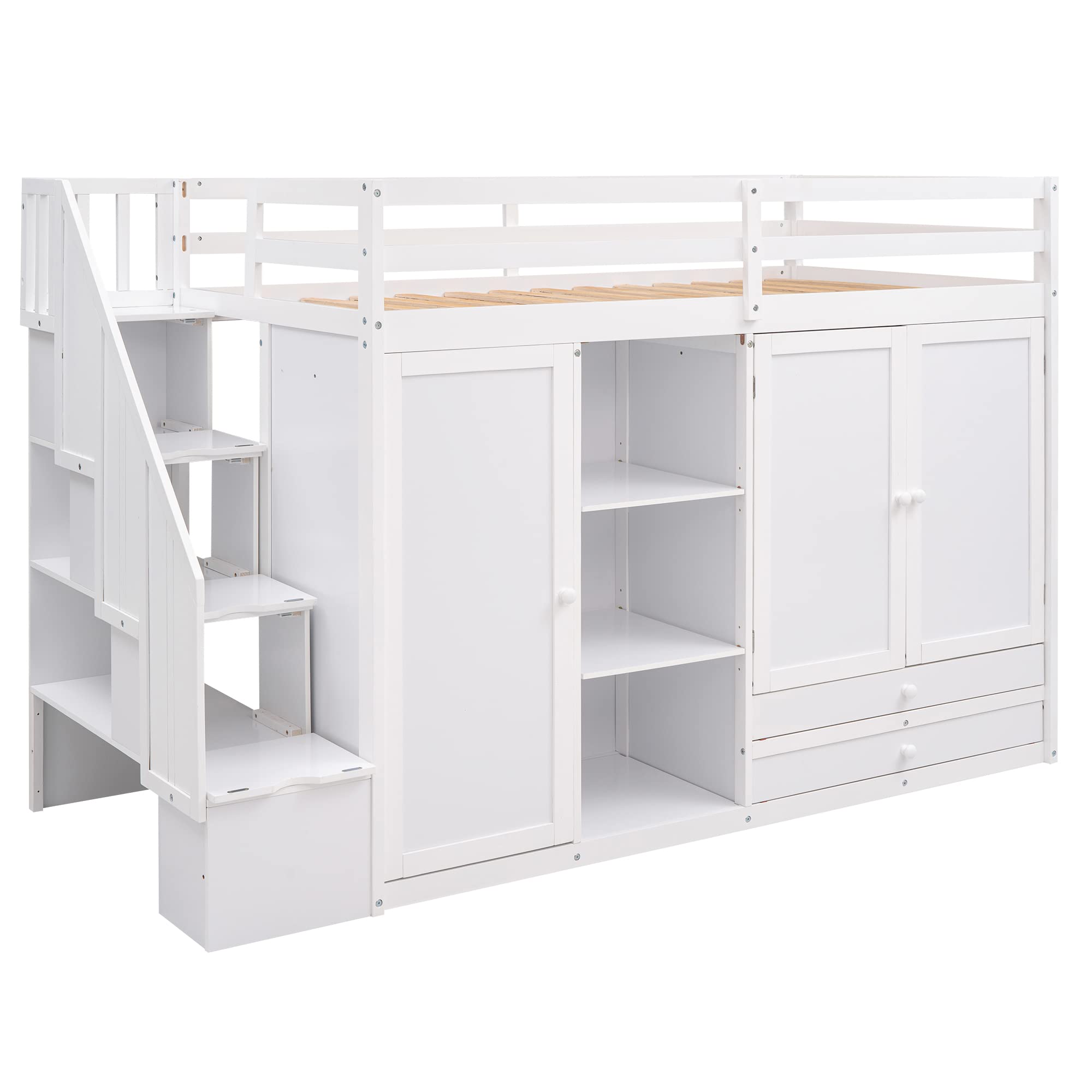 BIADNBZ Functional Twin Size Loft Bed with 3 Shelves, 2 Wardrobes and 2 Drawers,Wooden Bedframe with Storage Stairs for Teens/Bedroom,White