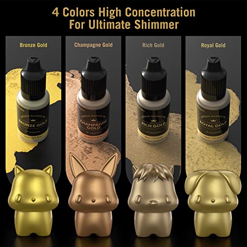Metallic Alcohol Ink Set - Gold Metallic Mixatives Alcohol Pigment, High Concentrated with Extreme Shimmer Alcohol-Based Inks for Epoxy Resin Yupo Tumblers Cups Fluid Art Painting (4 * 15ml/.5 fl oz)