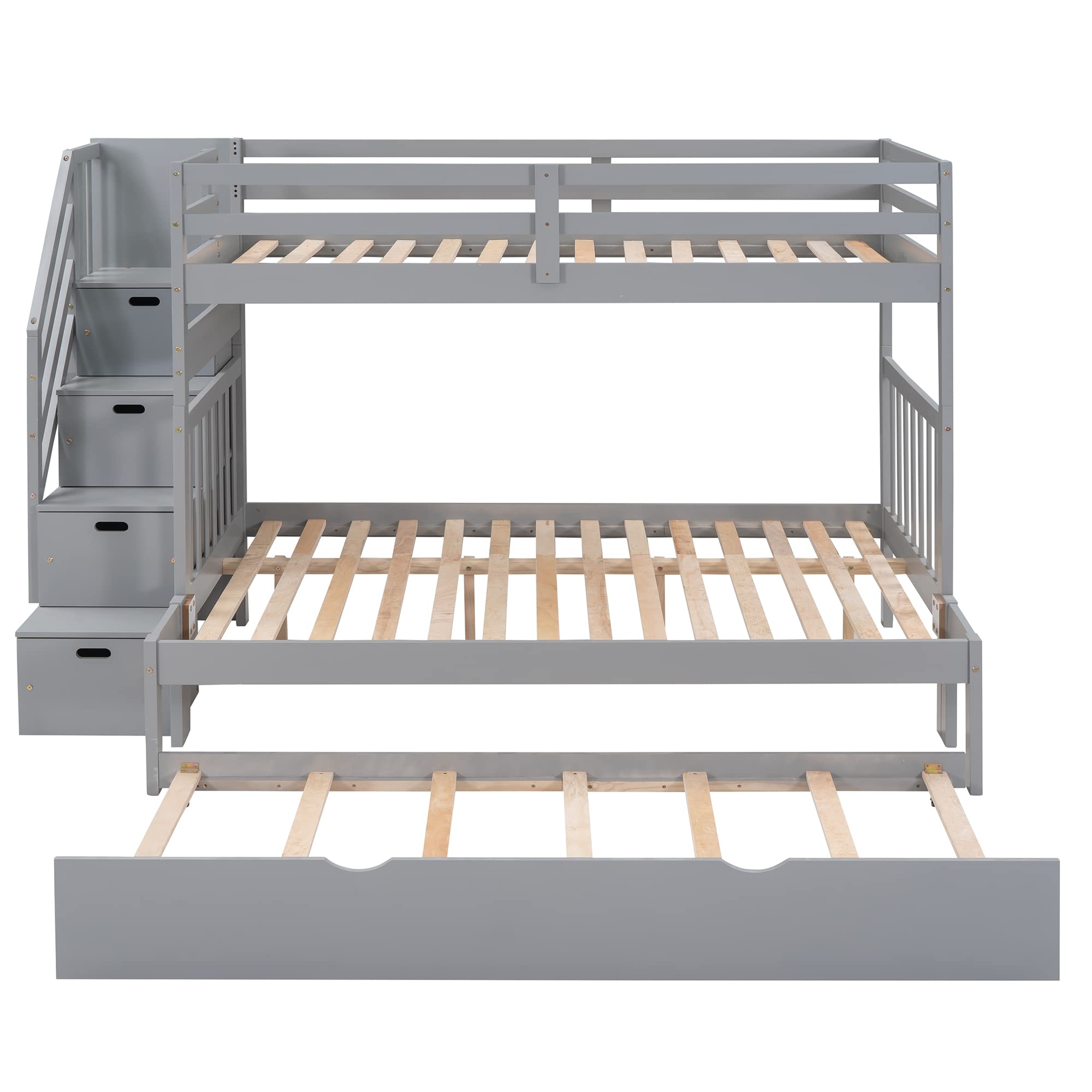 BIADNBZ L-Shaped Triple Bunk Bed for 3 Twin Size with Two Drawers and Built-in Stepladders for Kids/Teens,Gray