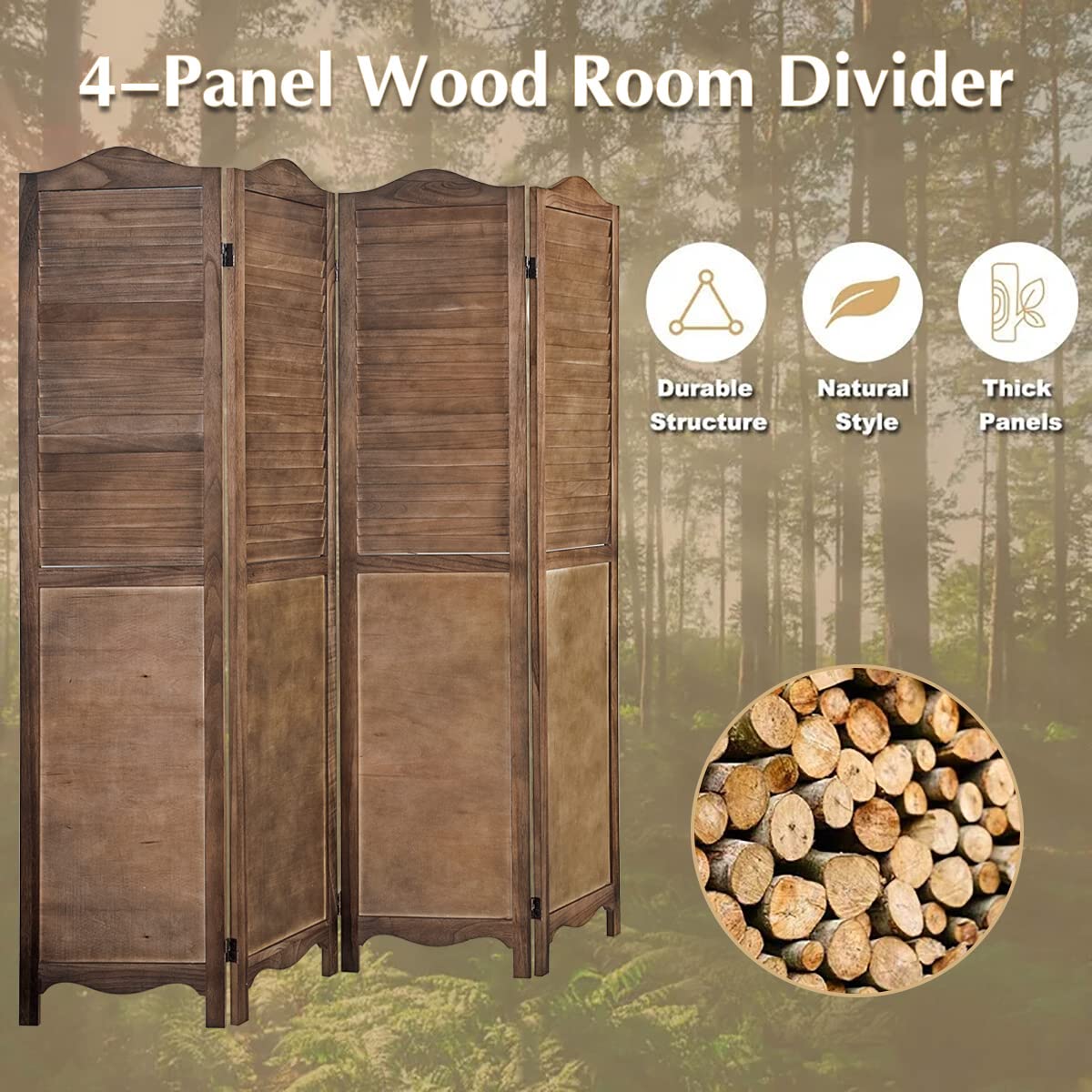 Room Divider Privacy Screen 4 Panel Room Dividers and Folding Privacy Screens 5.6ft.Tall Rustic Wood Brown Room Divider Wall Separator Partition Freestanding