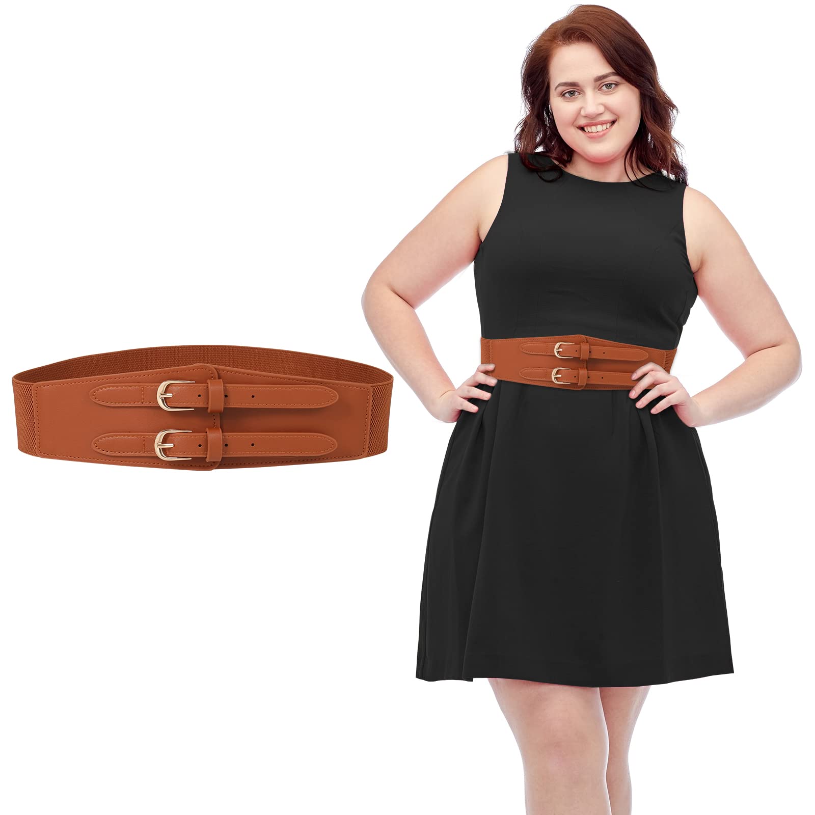 AWAYTR Double Buckle Women's Elastic Belt - Ladies Stretchy Wide Belts for Dresses, Leather Waist Belts for Women Jeans(Brown 31-33.5")