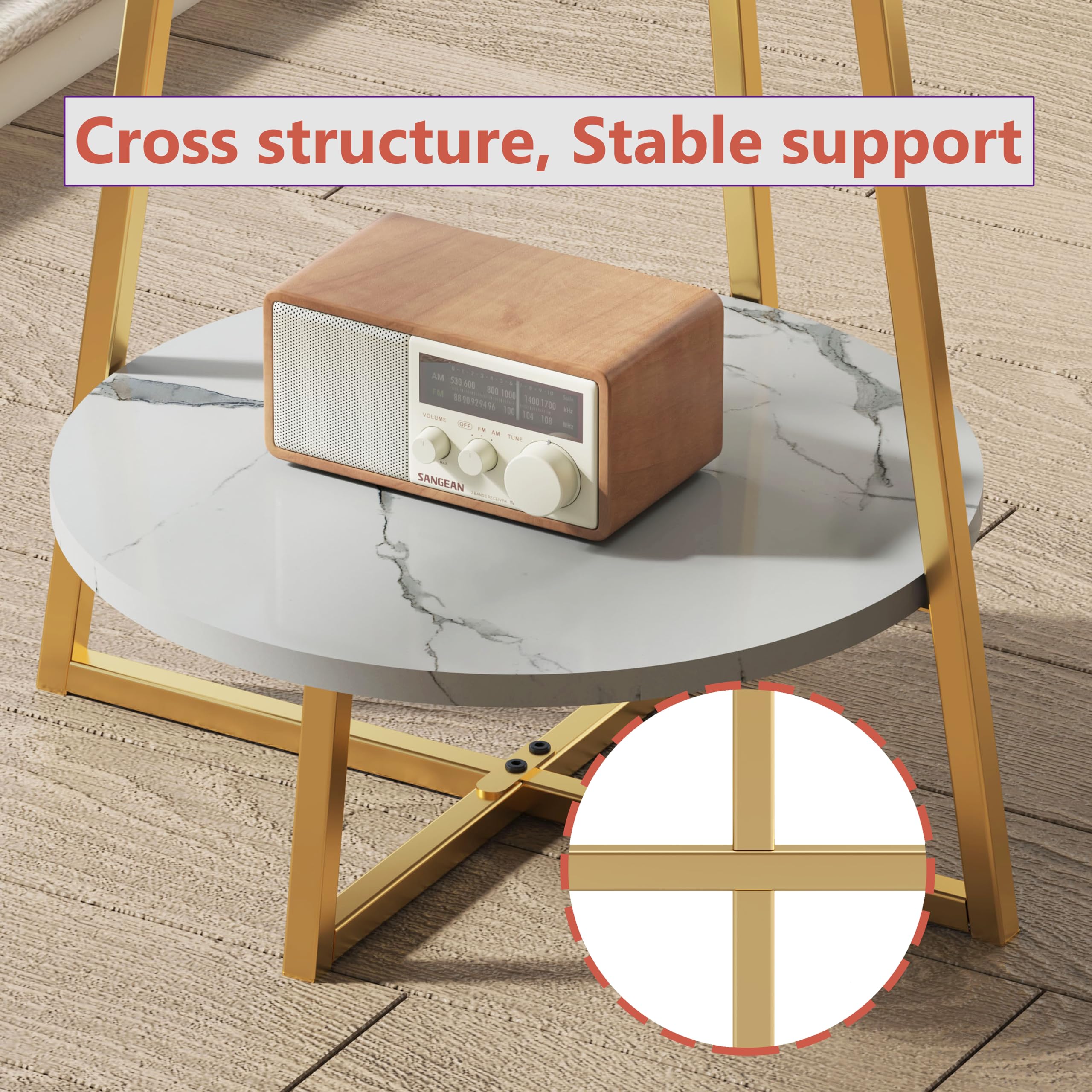Lamhorm 2 Tier Small Round Side Table, Wooden End Table with Storage Shelf, Modern Coffee Table with Gold Metal Frames for Living Room, Bedroom and Any Small Spaces 22.8β