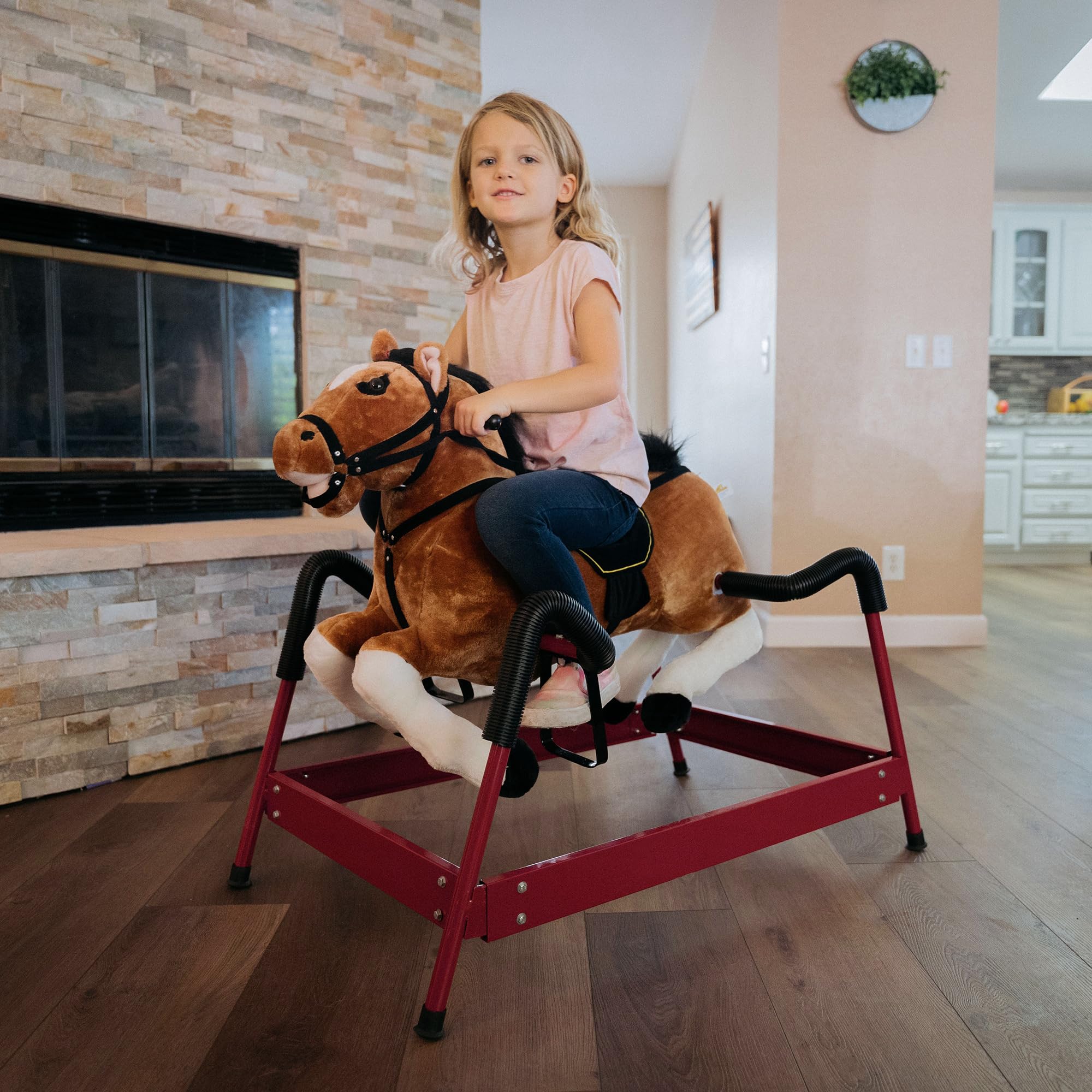 Qaba Durable Plush Toddlers Spring Rocking Horse, Bouncing Rocker Toy with Realistic Sounds