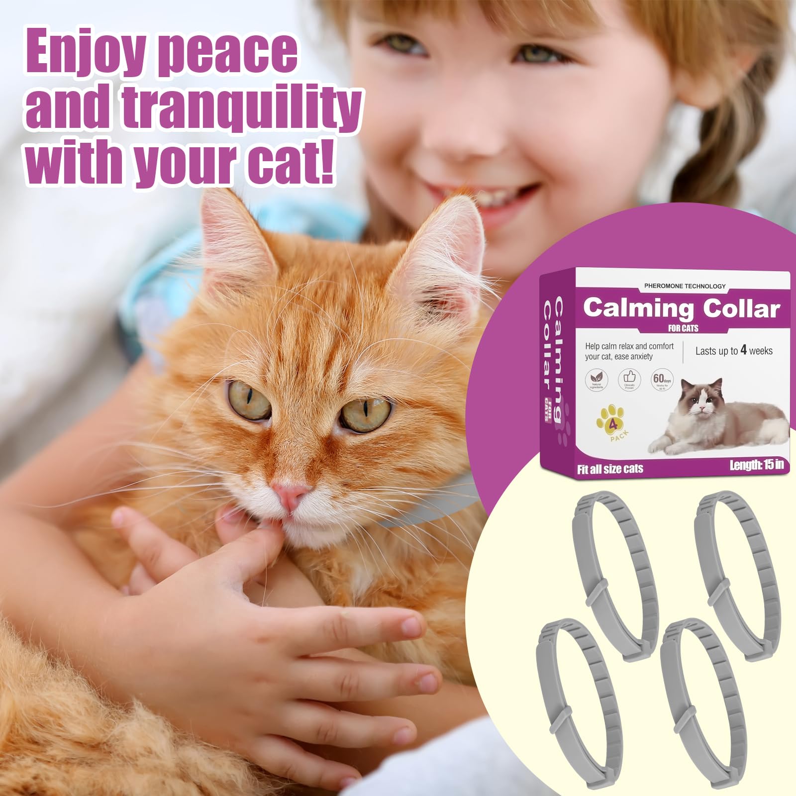 Calming Collar for Cats, Cat Calming Collar, Calming Pheromone Collar for Cats, Cat Pheromone Collar, Cat Calming Collar for Anxiety Relieve Up to 60 Days, 4 Pack(Grey)