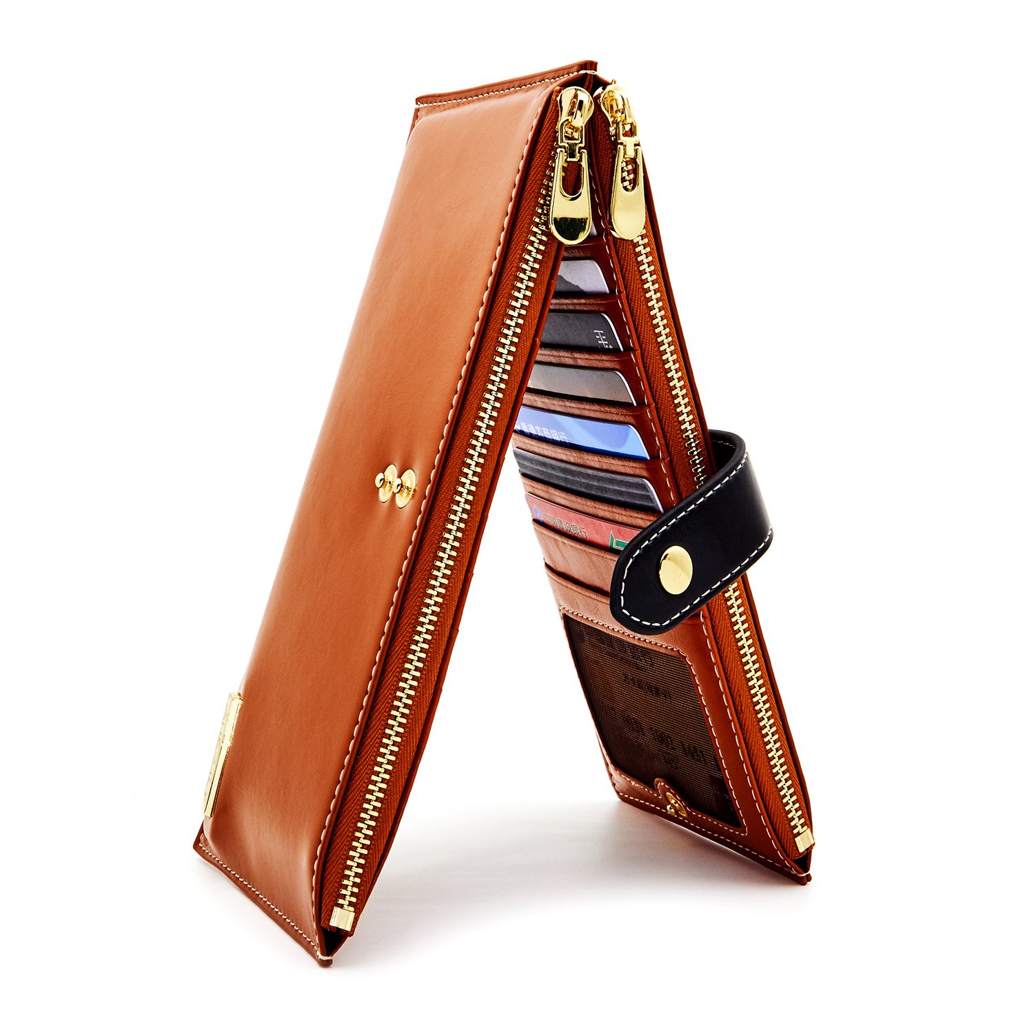 ANDOILT Womens Genuine Leather Wallet RFID Blocking Credit Card Holder Zipper Purse Cell Phone Handbag Brown