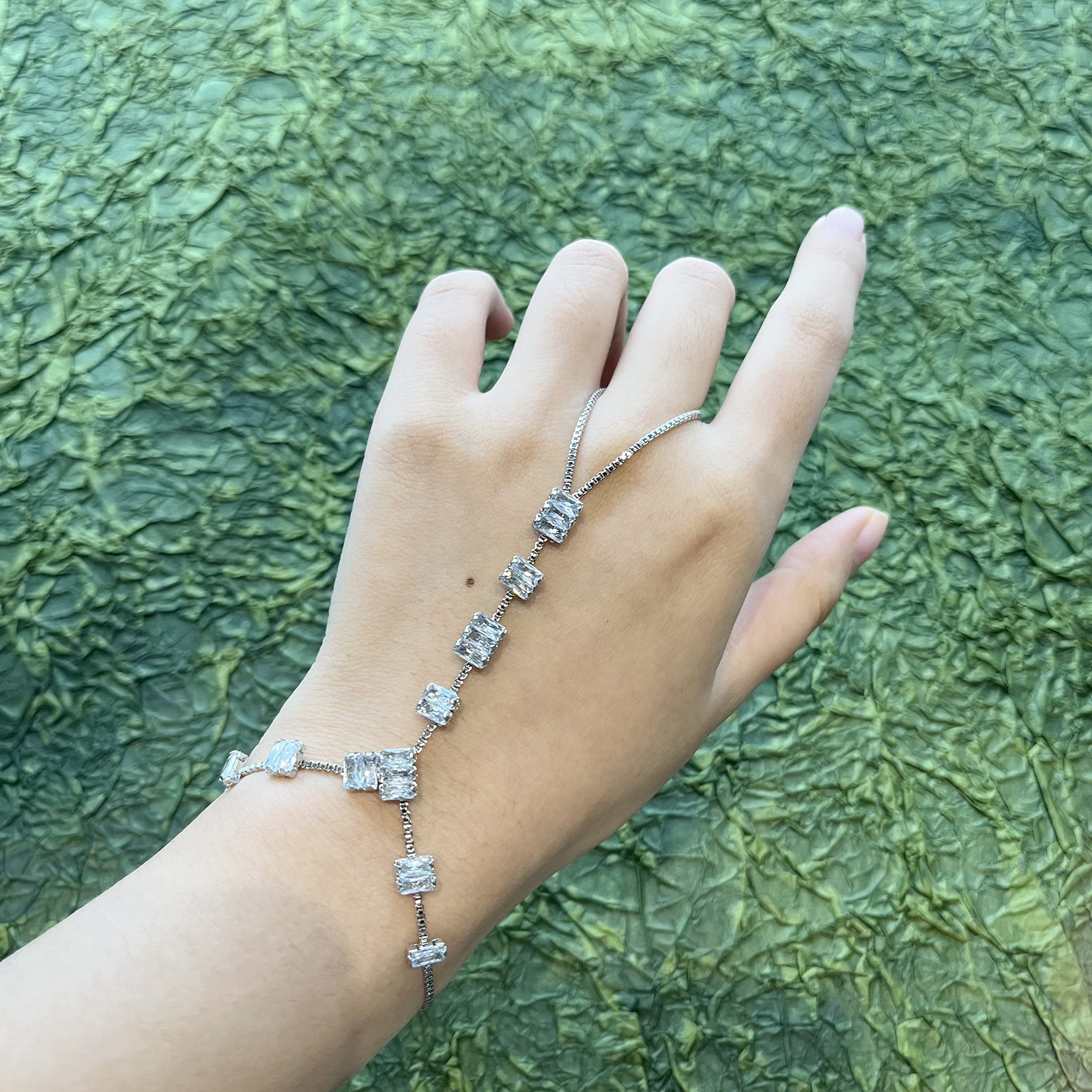 Aprilery Hand Chain Ring Bracelet, Fashion Silver AAA CZ Crystal Adjustable Slave Hand Chain Ring Bracelet Boho Hand Jewelry for Women(Rectangle A)