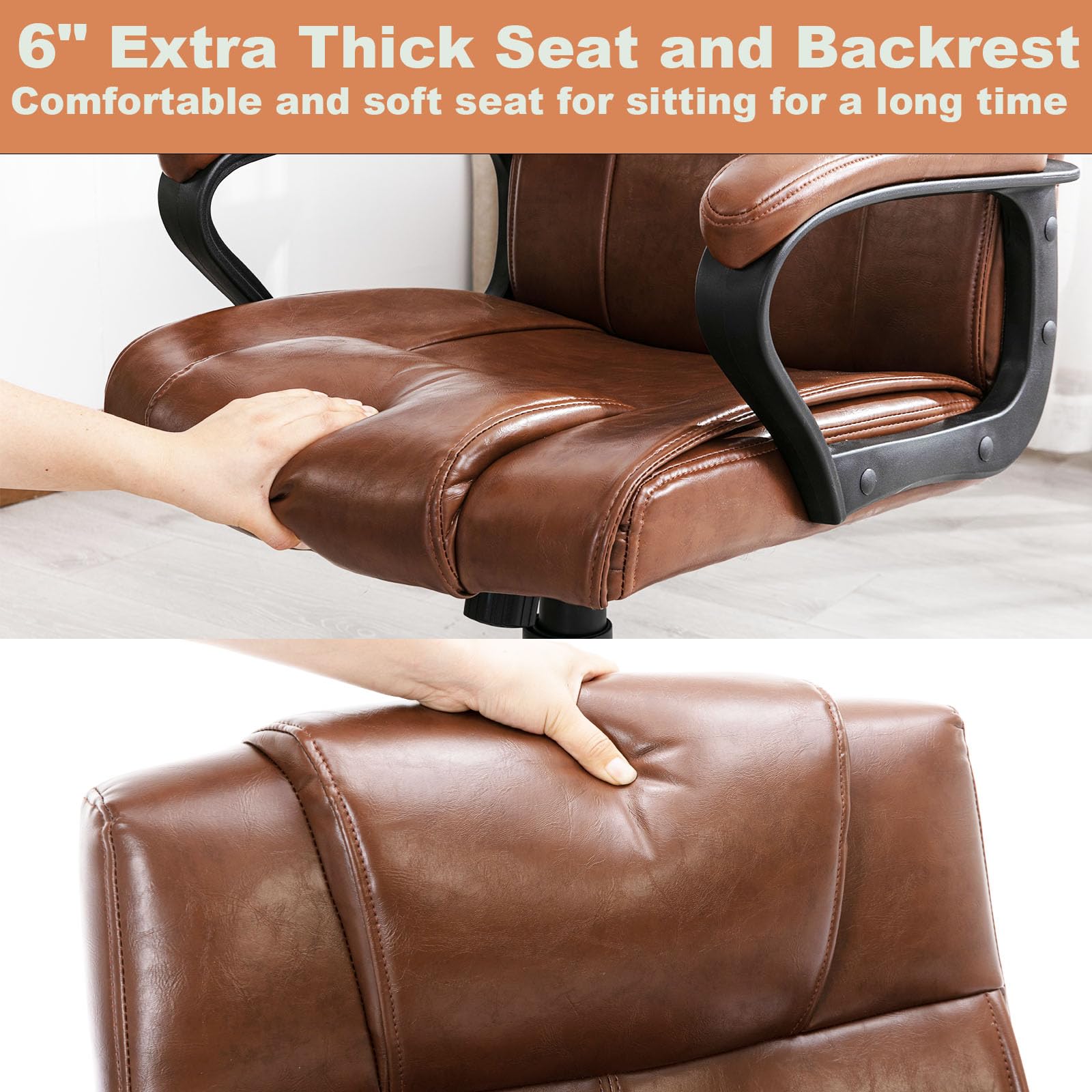 DYHOME Leather Office Chair Brown Desk Chair with Padded Armrests, Adjustable Home Office Chair Mid Back Swivel Task Chair, Ergonomic Mid Century Computer Chair, Capacity 400lbs