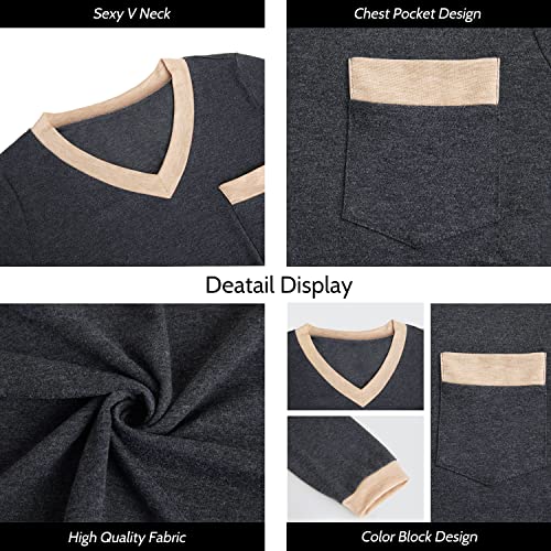 Dyexces Womens Long Sleeve T Shirts Casual V Neck Color Block Tunic Tops Loose Basic Top Lake Green
